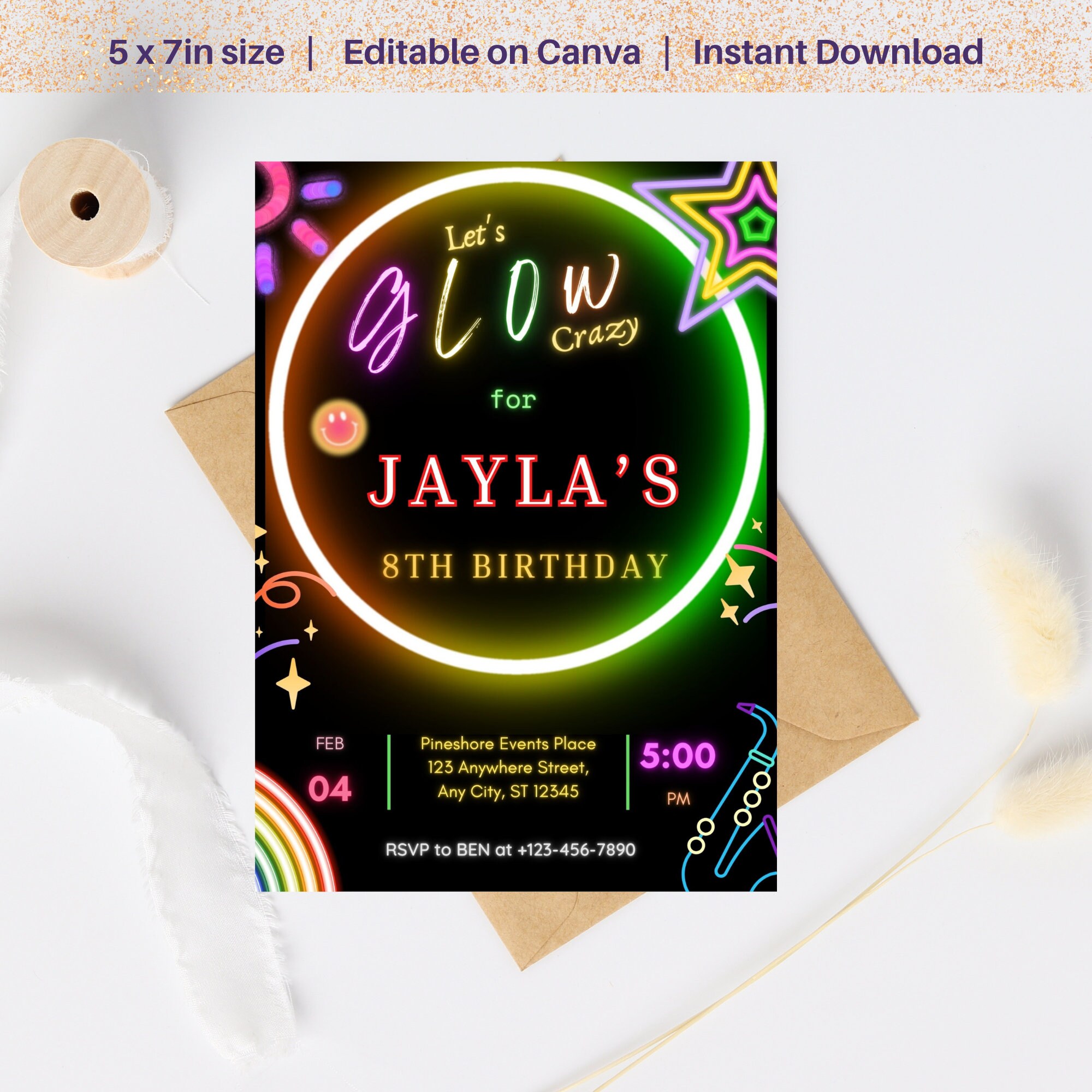 Neon Birthday Invitation Glow Birthday Invitation 8th Birthday ...