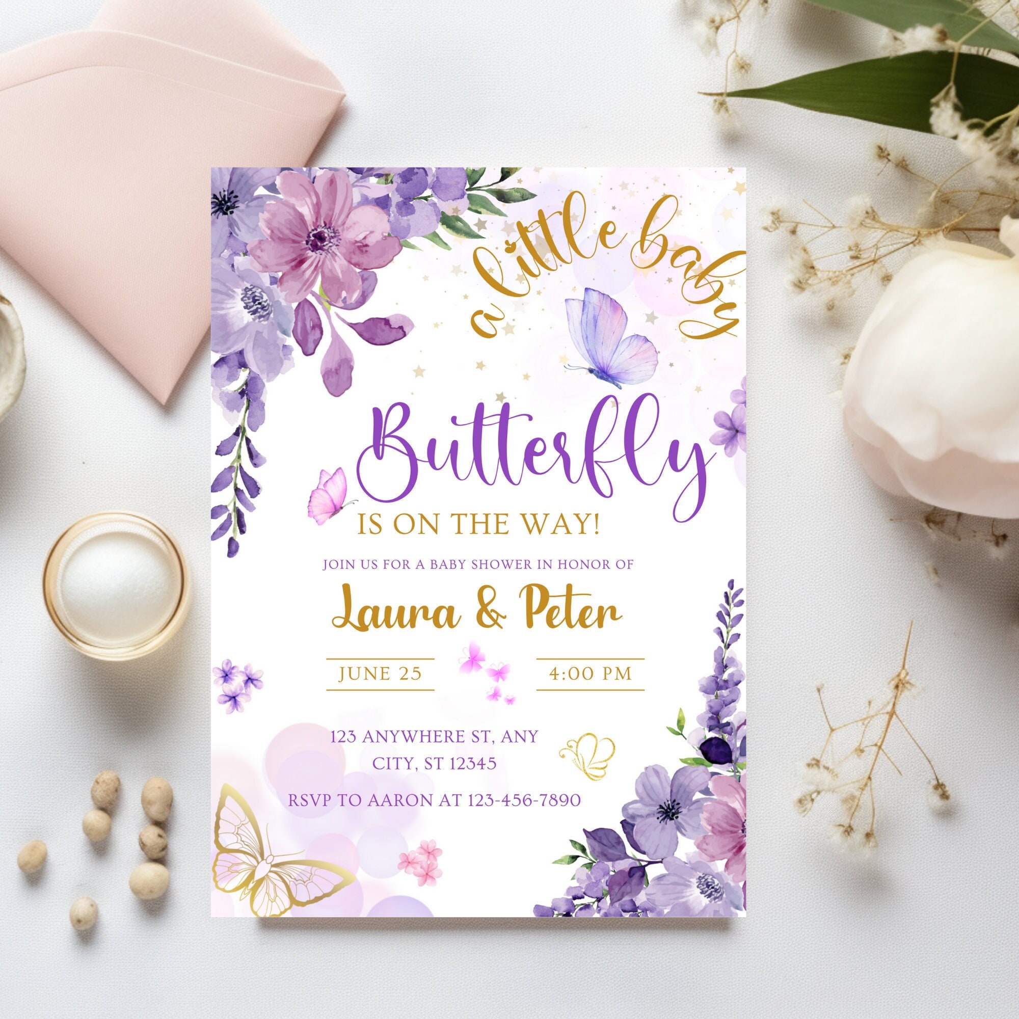 Editable Purple Butterfly Baby Shower Invitation Pink Butterfly Baby Shower Invitation for Girl ...