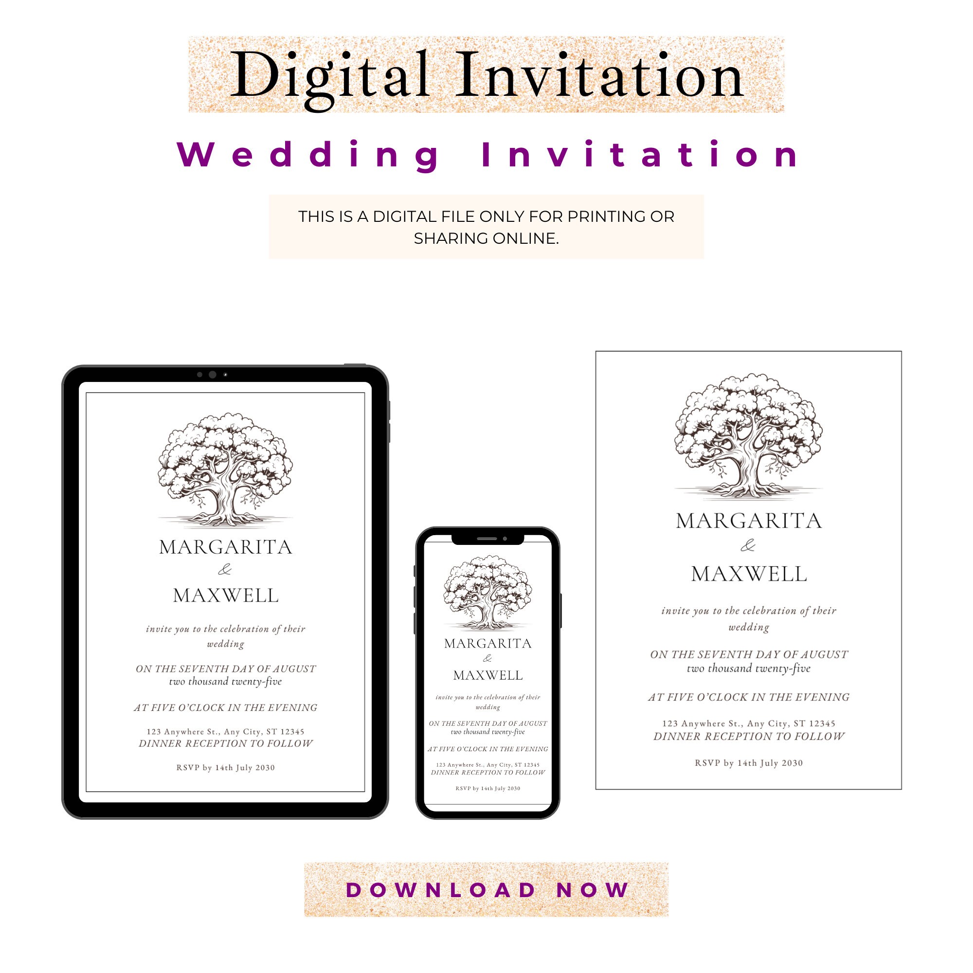 Southern Oak Tree Wedding Invitation, Rustic Shabby Oak Wedding, Forest ...