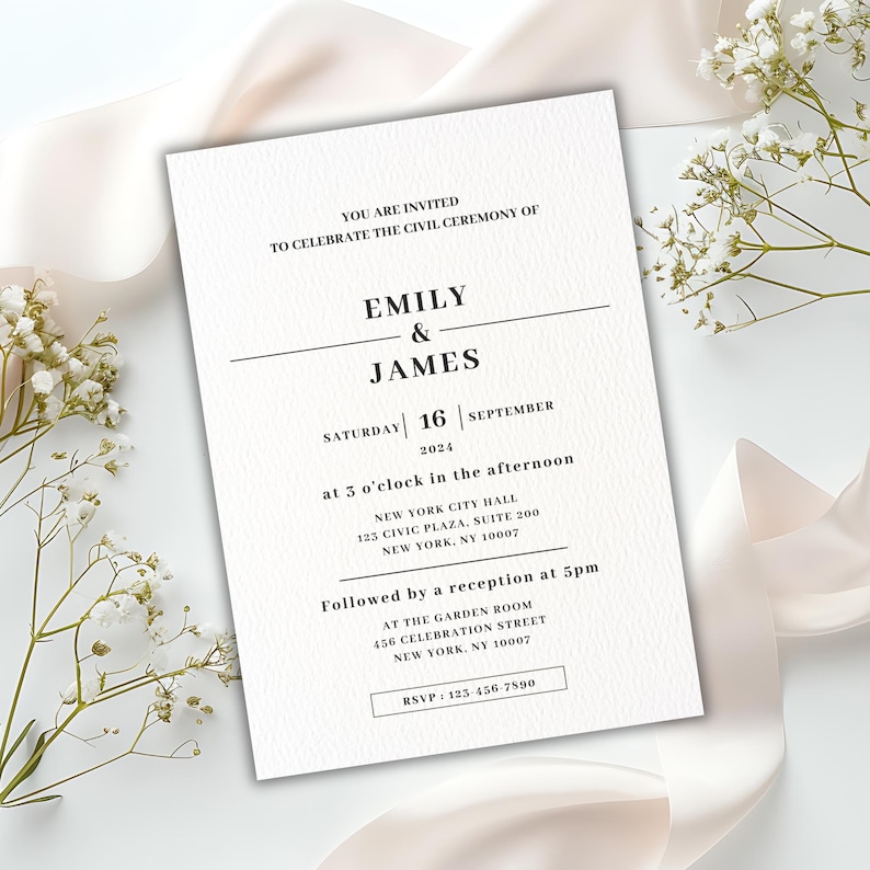 Civil Wedding Invitation Template, Minimalist Modern City Hall Wedding ...