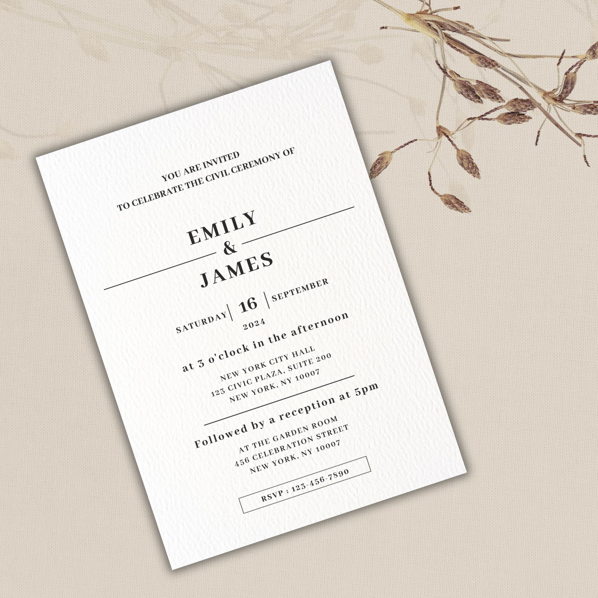 Civil Wedding Invitation Template, Minimalist Modern City Hall Wedding ...