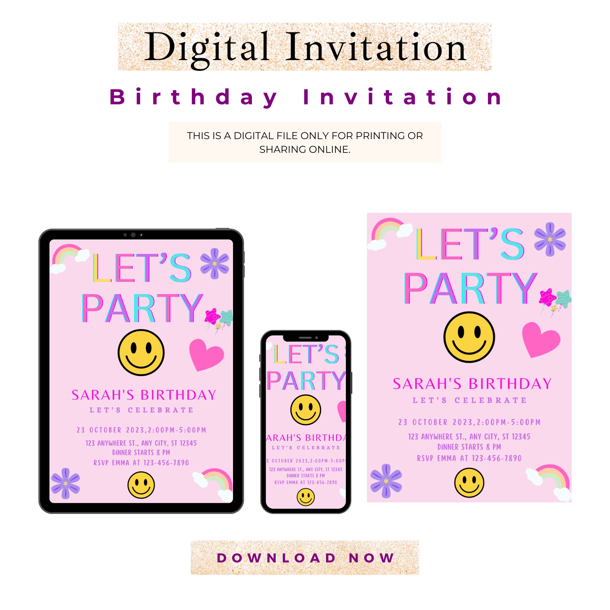 Preppy Let's Celebrate Smile Face Birthday Invitation Template, Patches ...