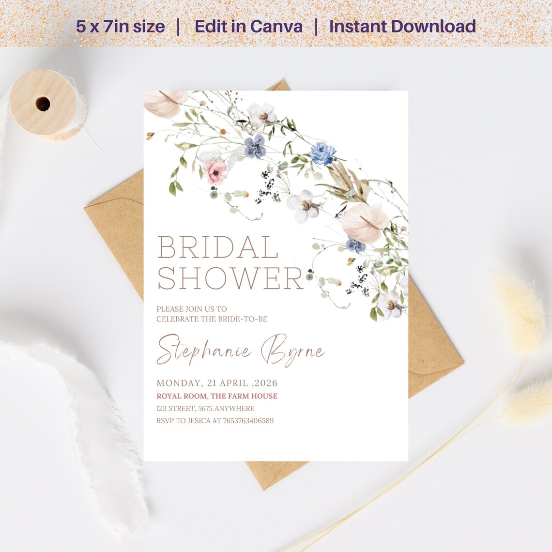 Editable Wildflower Wedding Invitation Template Printable Boho ...