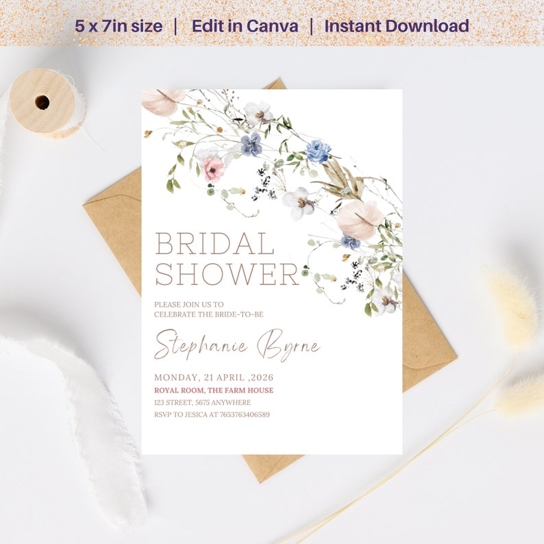 Editable Wildflower Wedding Invitation Template Printable Boho ...