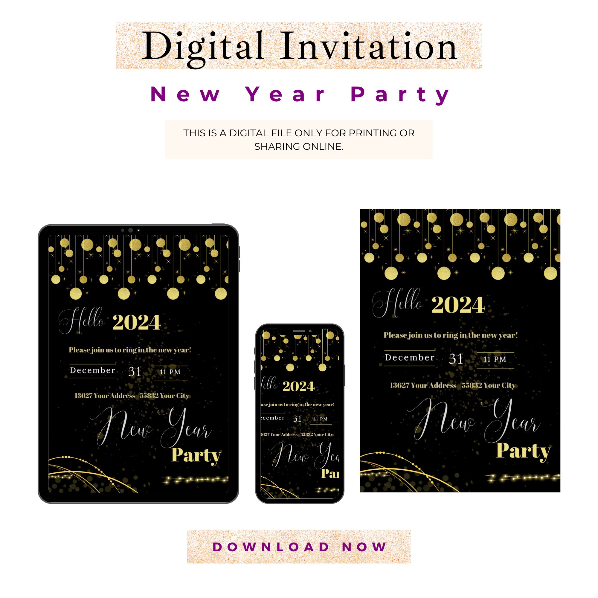 New Year Party Invitation Template, Editable New Year Celebration 2024 ...