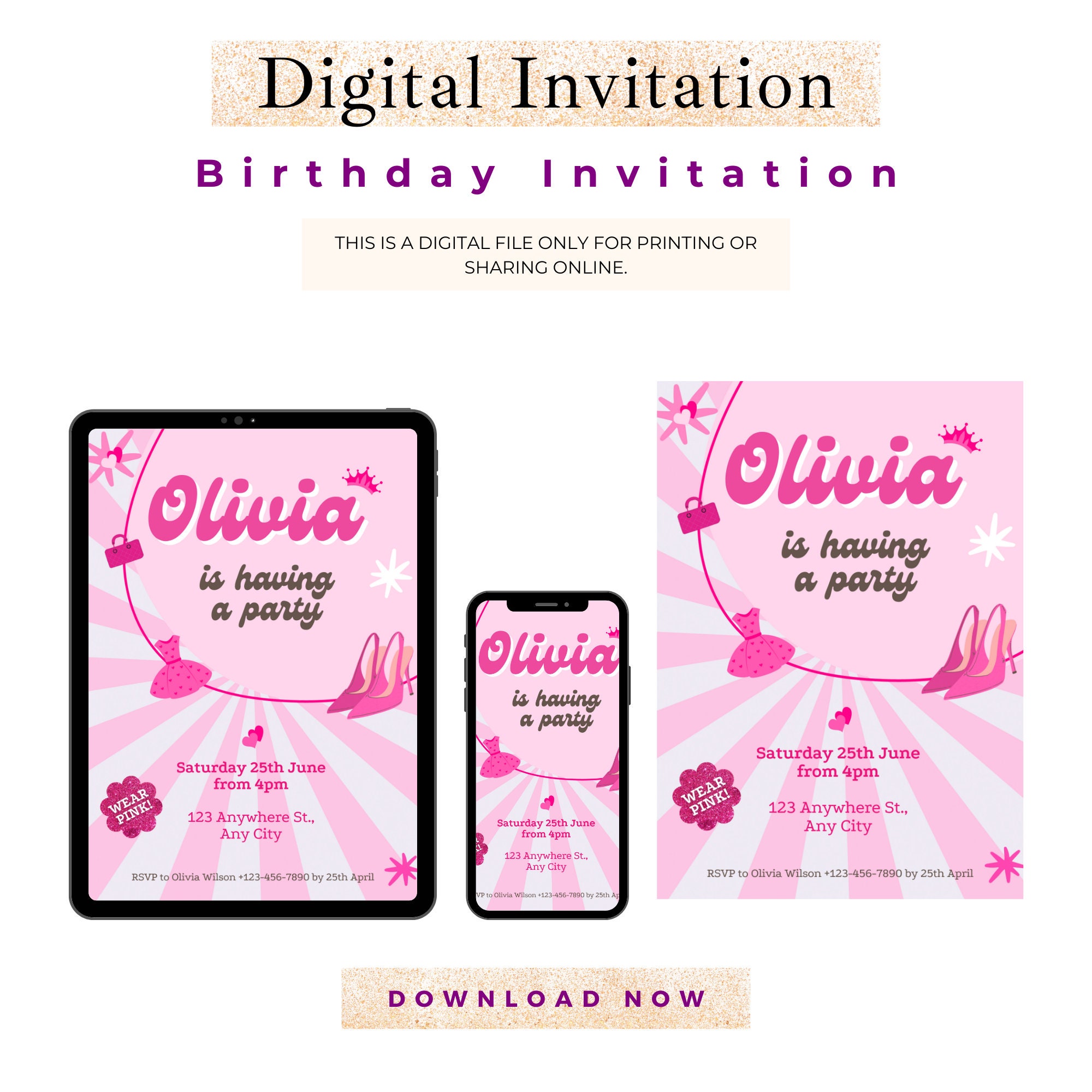 Pink Sparkle Birthday Invitation, Doll Invitation Template, Princess ...