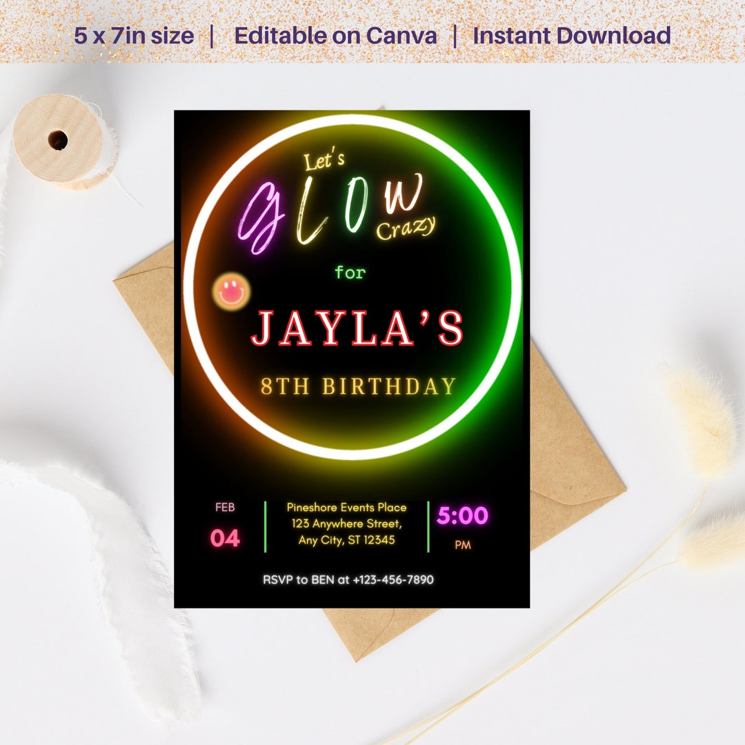 Editable Glow Party Birthday Invitation, Glow Gender Neutral Invites ...