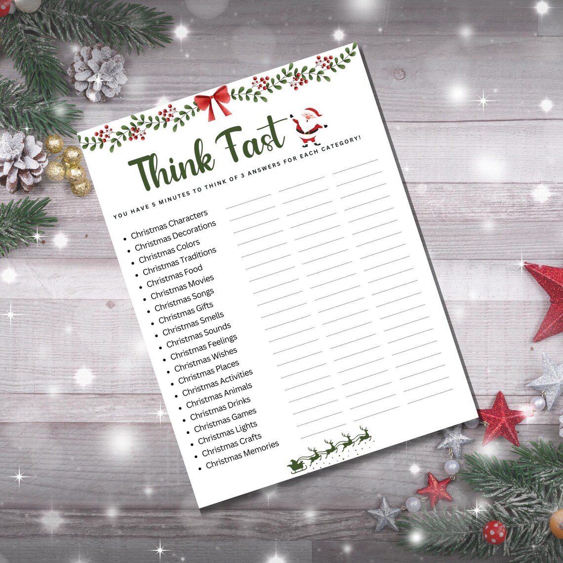 Printable Christmas Think Fast Game, Fun Christmas Game, Christmas ...