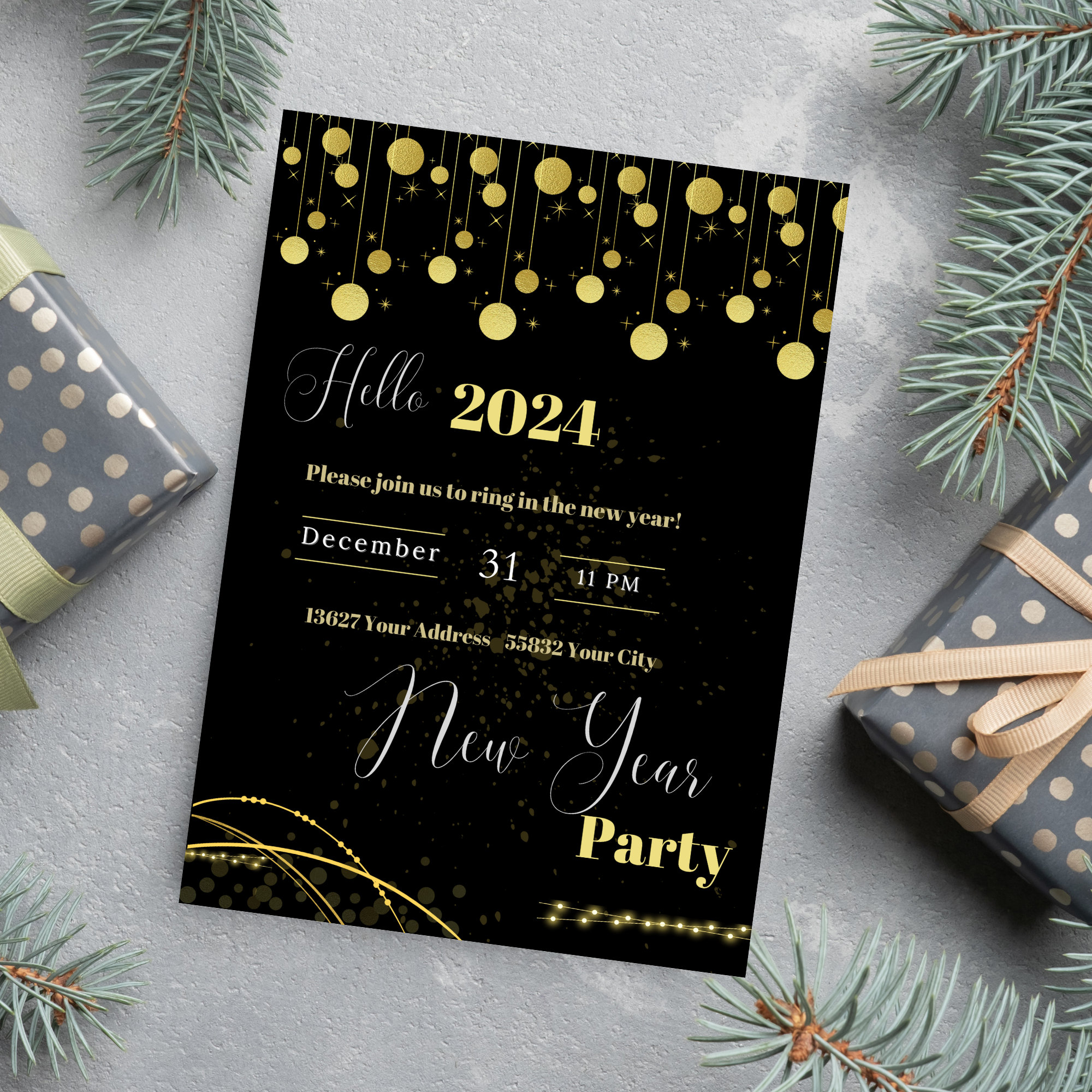 New Year Party Invitation Template, Editable New Year Celebration 2024 ...