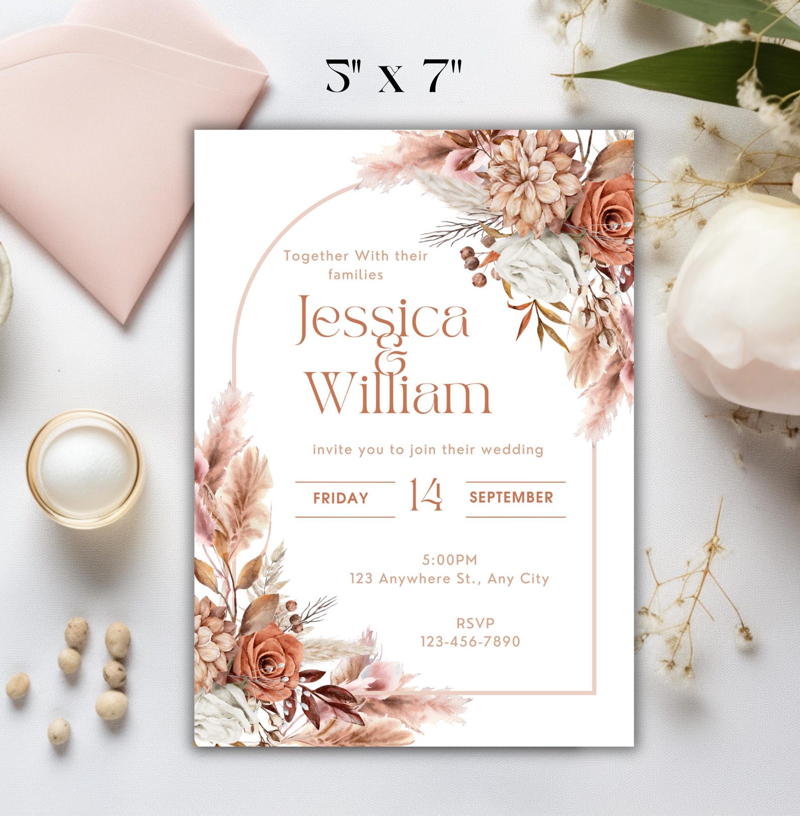 Minimalist Boho Wedding Invitation Suite Template, Editable Terracotta ...