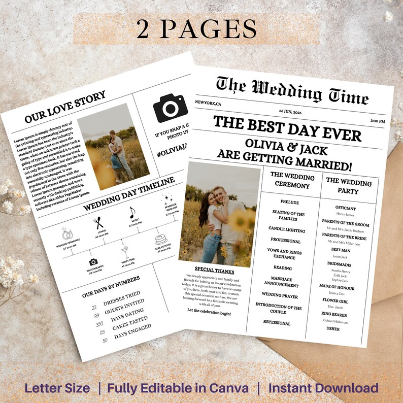 Newspaper Wedding Program With Timeline, Editable Wedding Newspaper ...