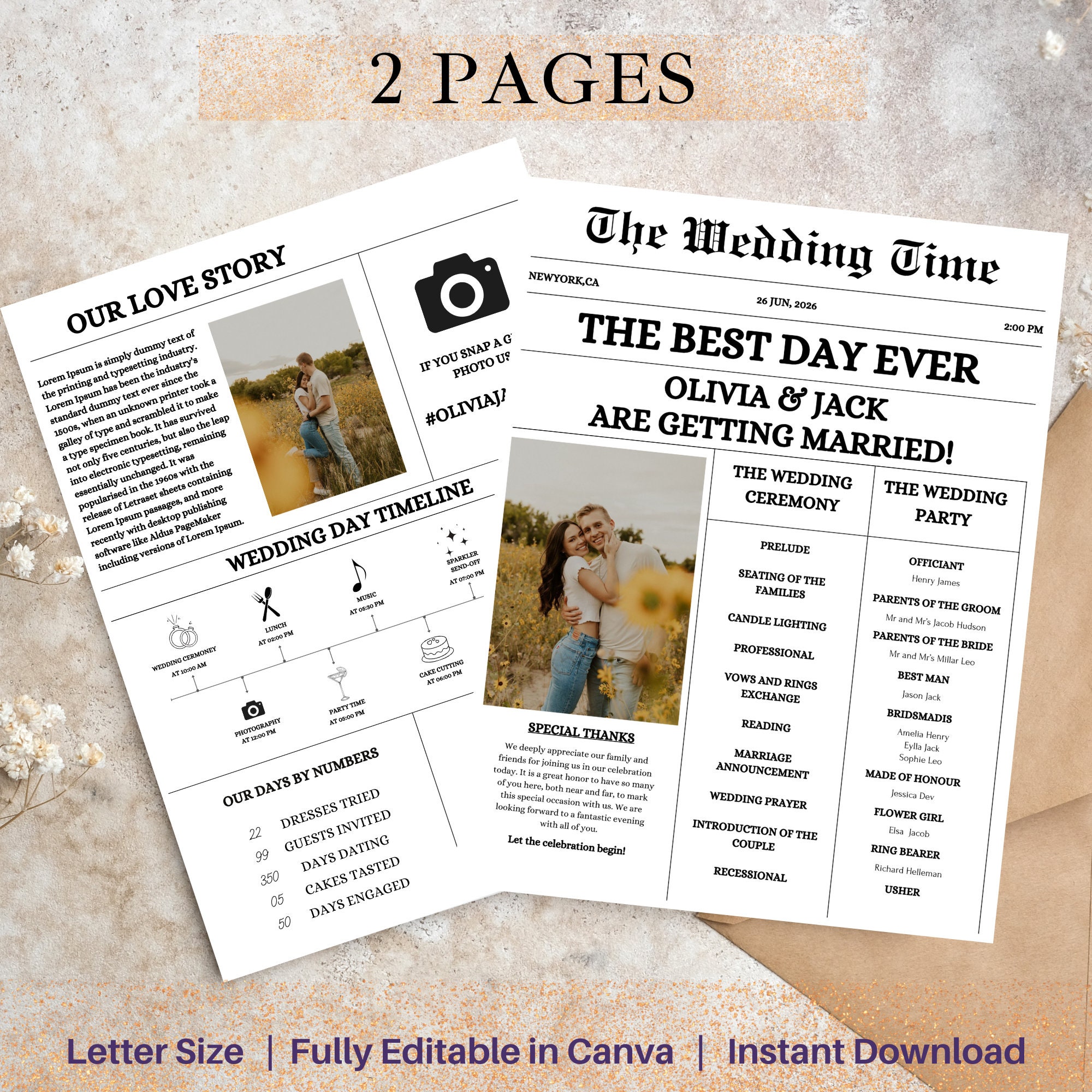 Newspaper Wedding Program With Timeline, Editable Wedding Newspaper ...