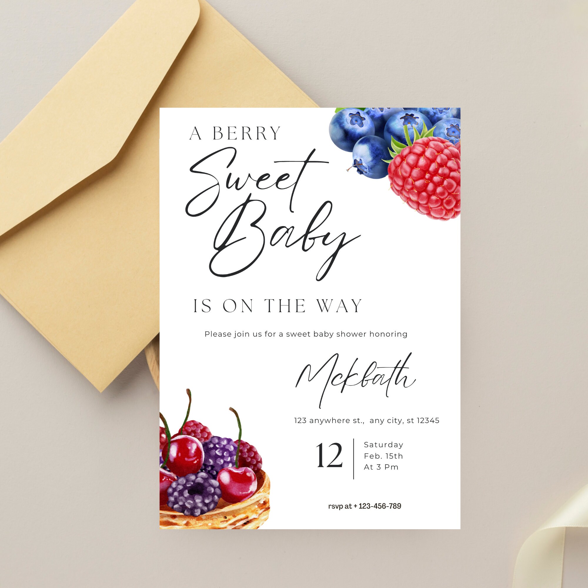 Editable Berry Sweet Baby Shower Invitation | Blush Berry Girl Baby ...
