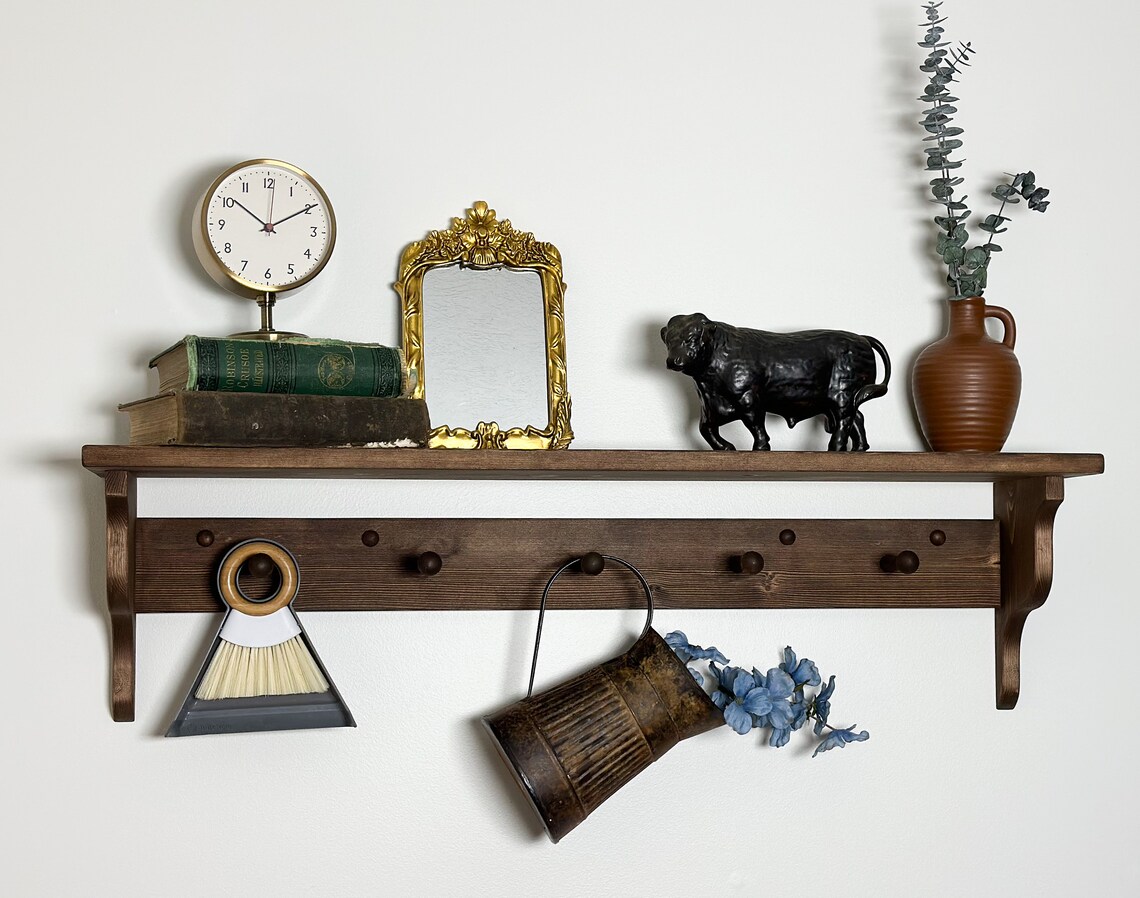 Wall Shelf With Pegs, Entryway Shelf With Hooks, Shaker Peg Coat Rack ...