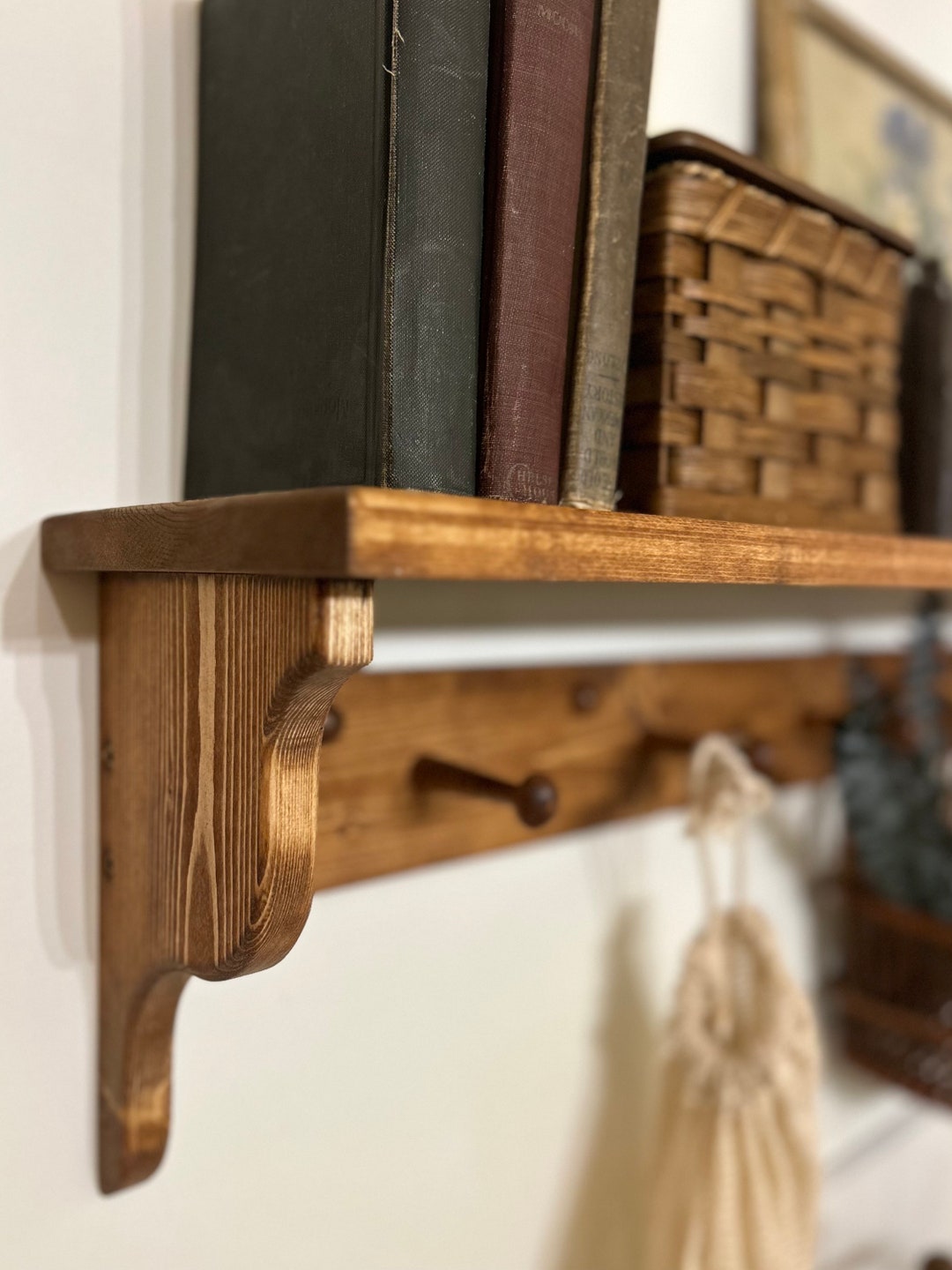 Shaker Peg Rack With Shelf, Stained Peg Shelf, Shaker Peg Coat Rack ...