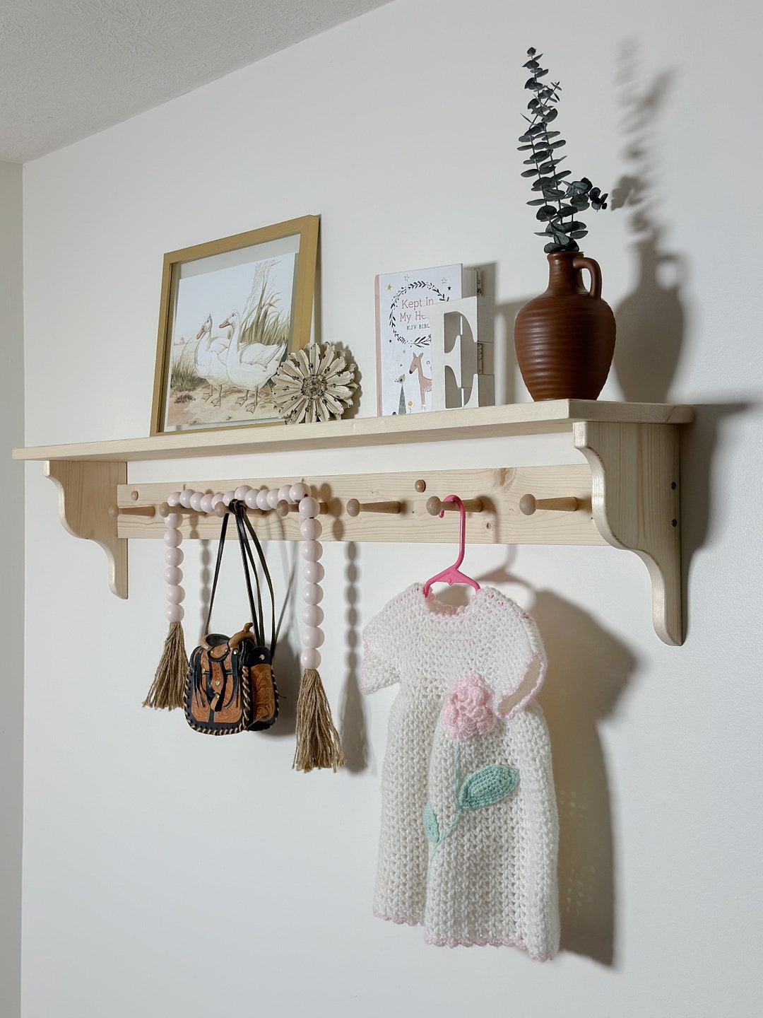 Wood Shelf With Shaker Pegs, Nursery Peg Shelf, Shaker Peg Coat Rack ...