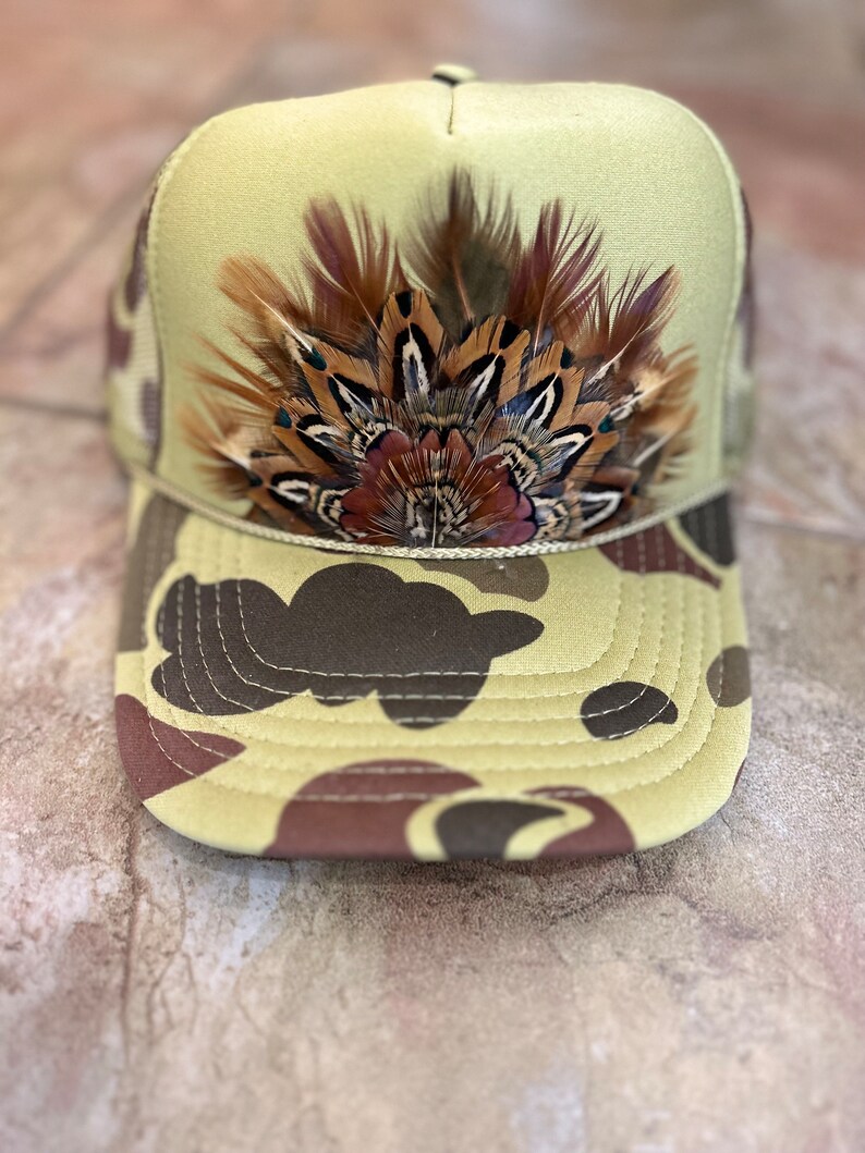 Light Camo Green Feathered Trucker, Feather Trucker Hat, Cowgirl Hat, Feather Hat, Country ...