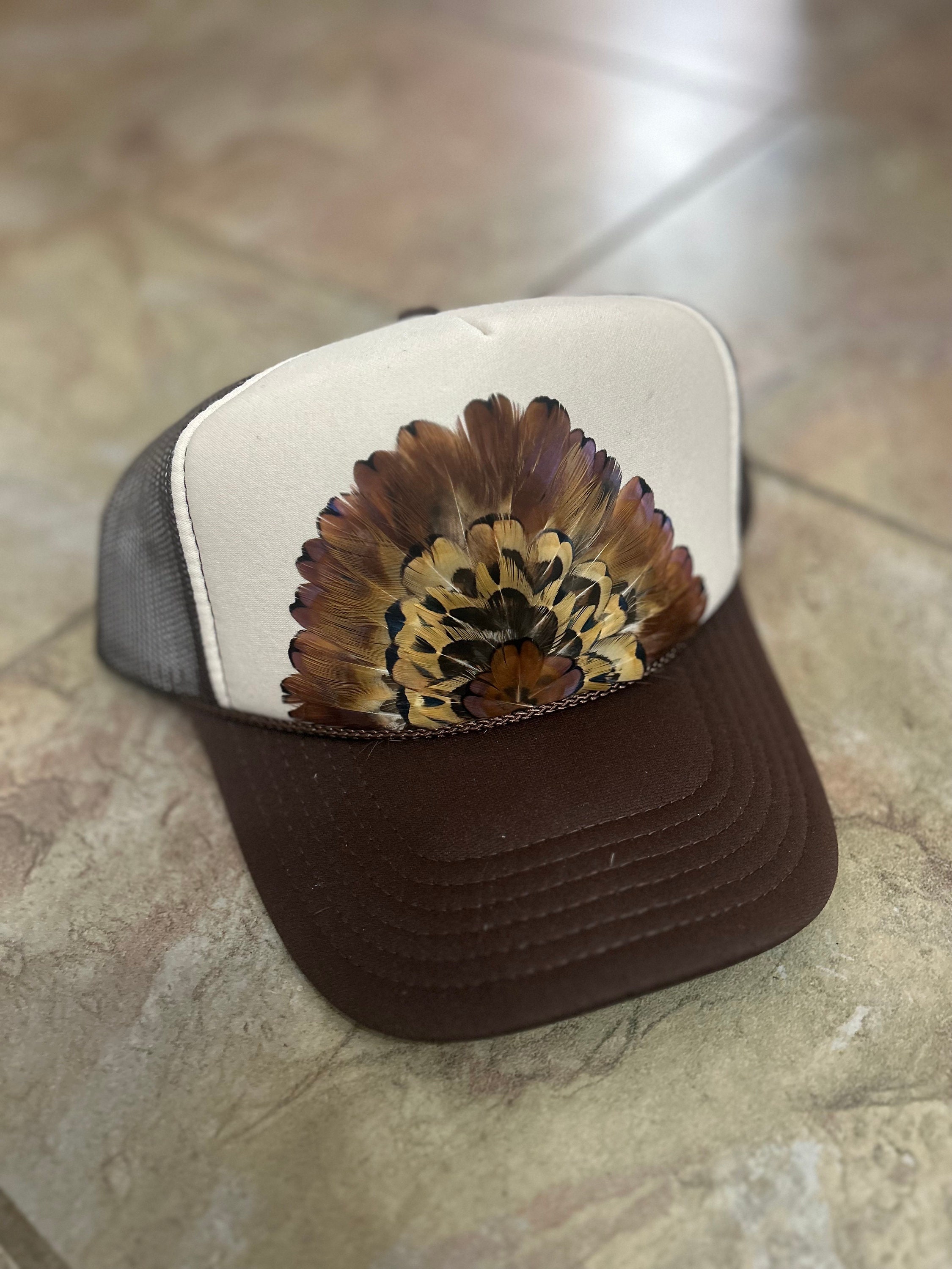 Brown/cream Feathered Trucker, Feather Trucker Hat, Cowgirl Hat ...