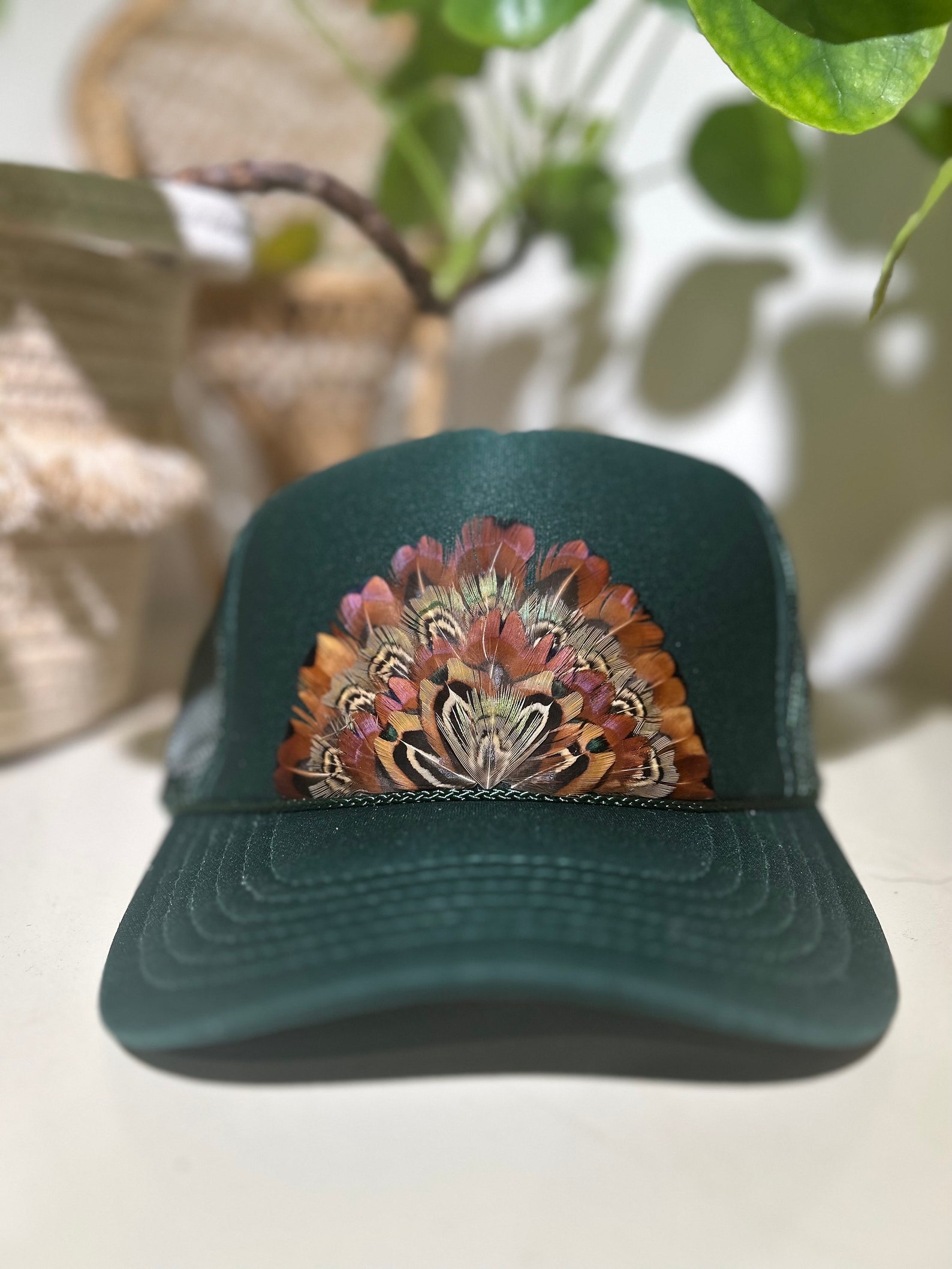 Forest Green Feathered Trucker, Feather Trucker Hat, Cowgirl Hat ...