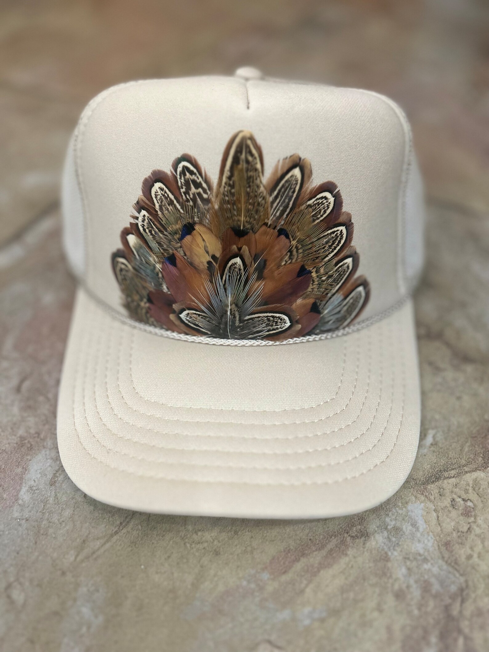 Cream Feathered Trucker, Feather Trucker Hat, Cowgirl Hat, Feather Hat ...