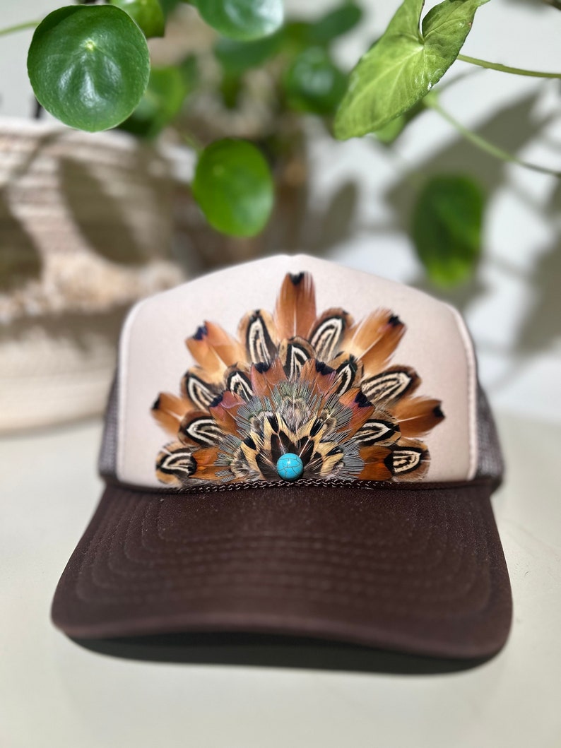 Brown/cream Feathered Trucker, Feather Trucker Hat, Cowgirl Hat ...
