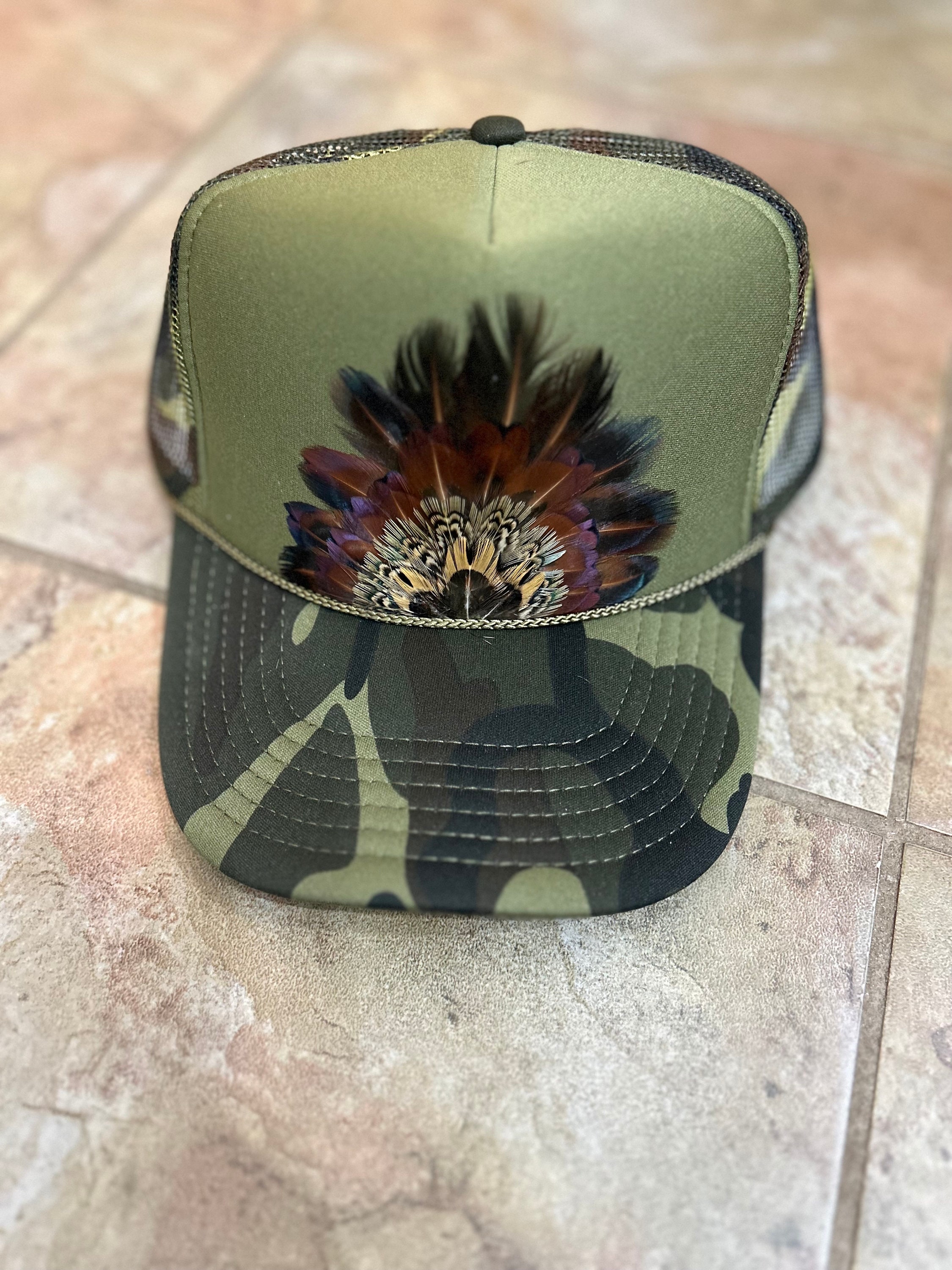 Dark Camo Green Feathered Trucker, Feather Trucker Hat, Cowgirl Hat ...