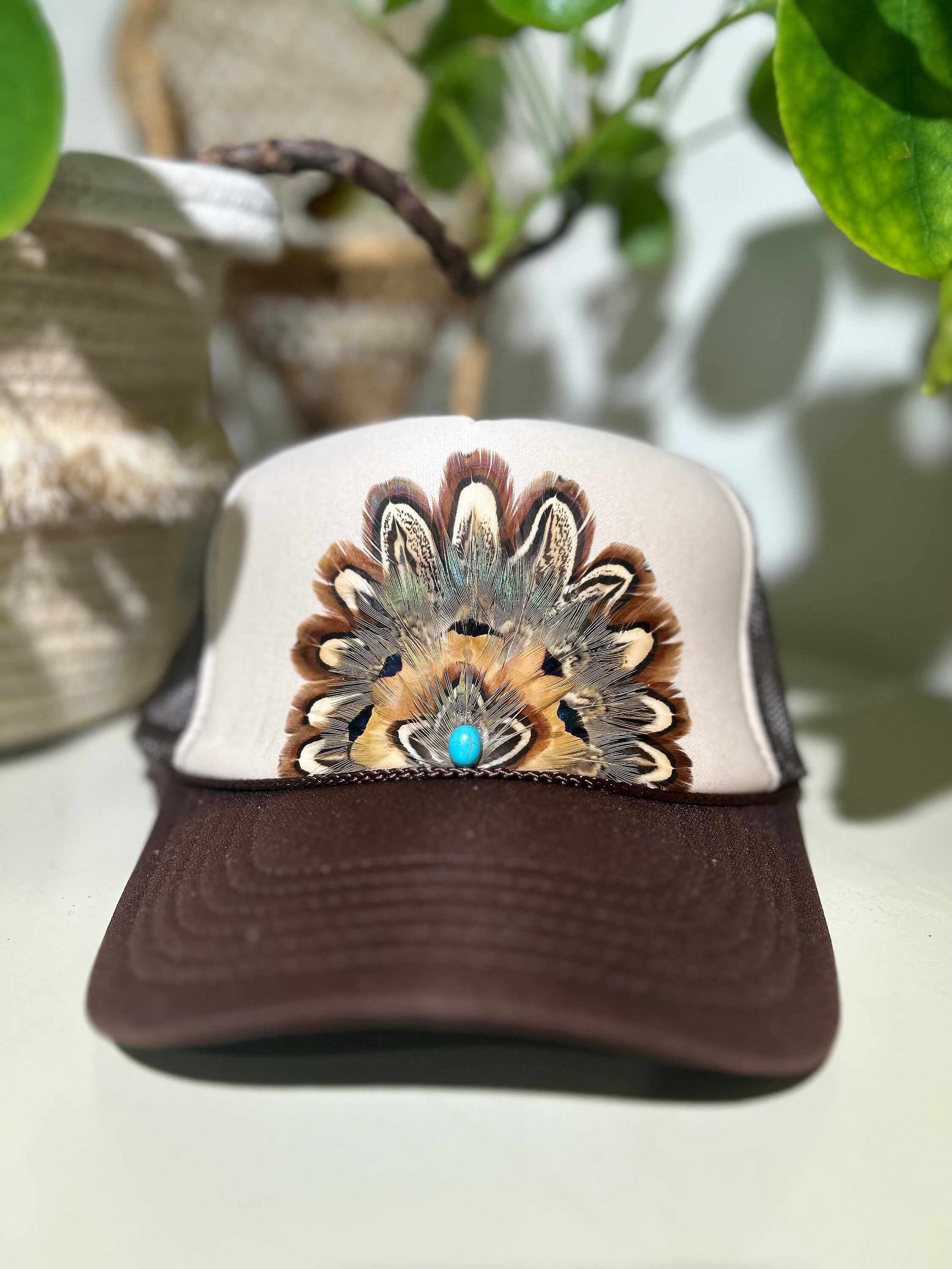 Brown/cream Feathered Trucker, Feather Trucker Hat, Cowgirl Hat ...