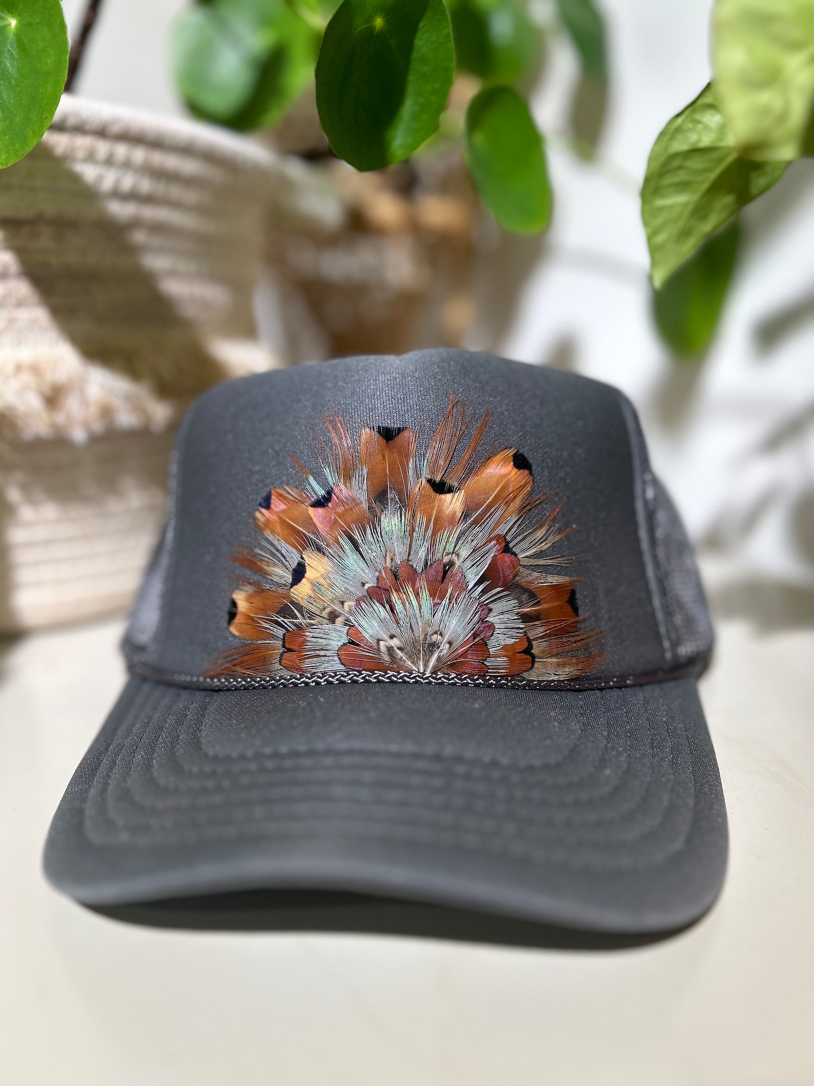 Grey Feathered Trucker, Feather Trucker Hat, Cowgirl Hat, Feather Hat ...