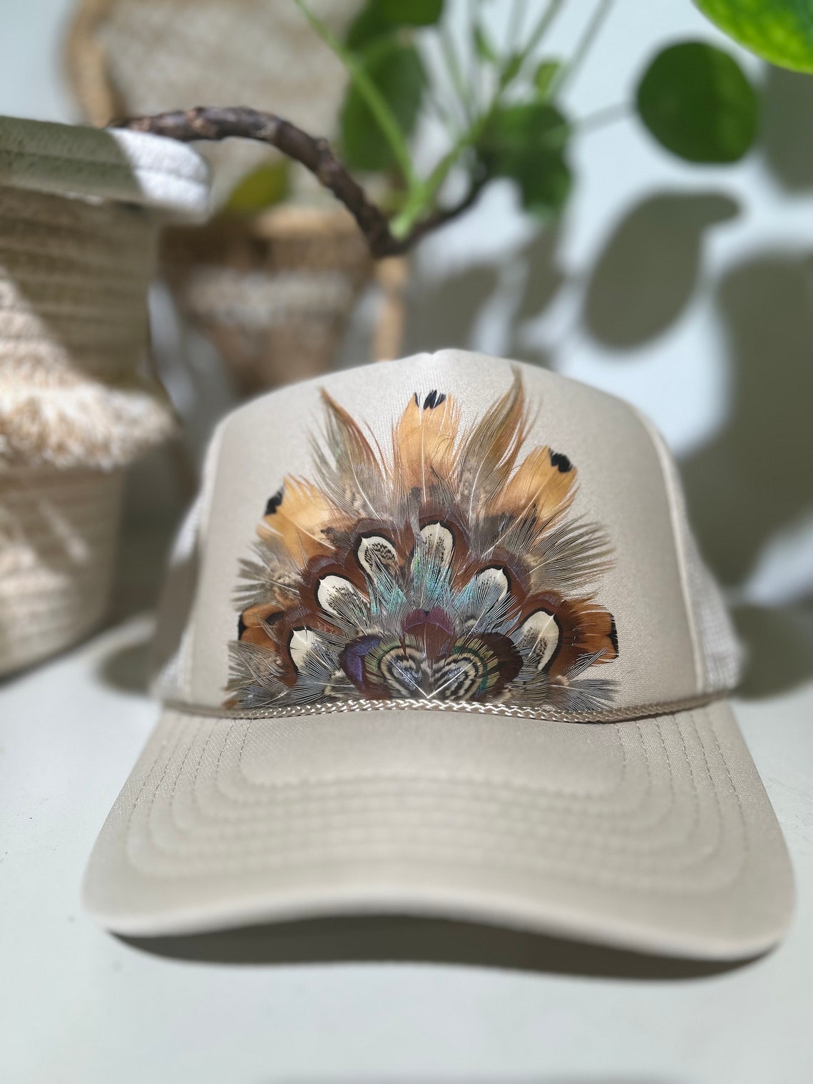 Cream Feathered Trucker, Feather Trucker Hat, Cowgirl Hat, Feather Hat ...