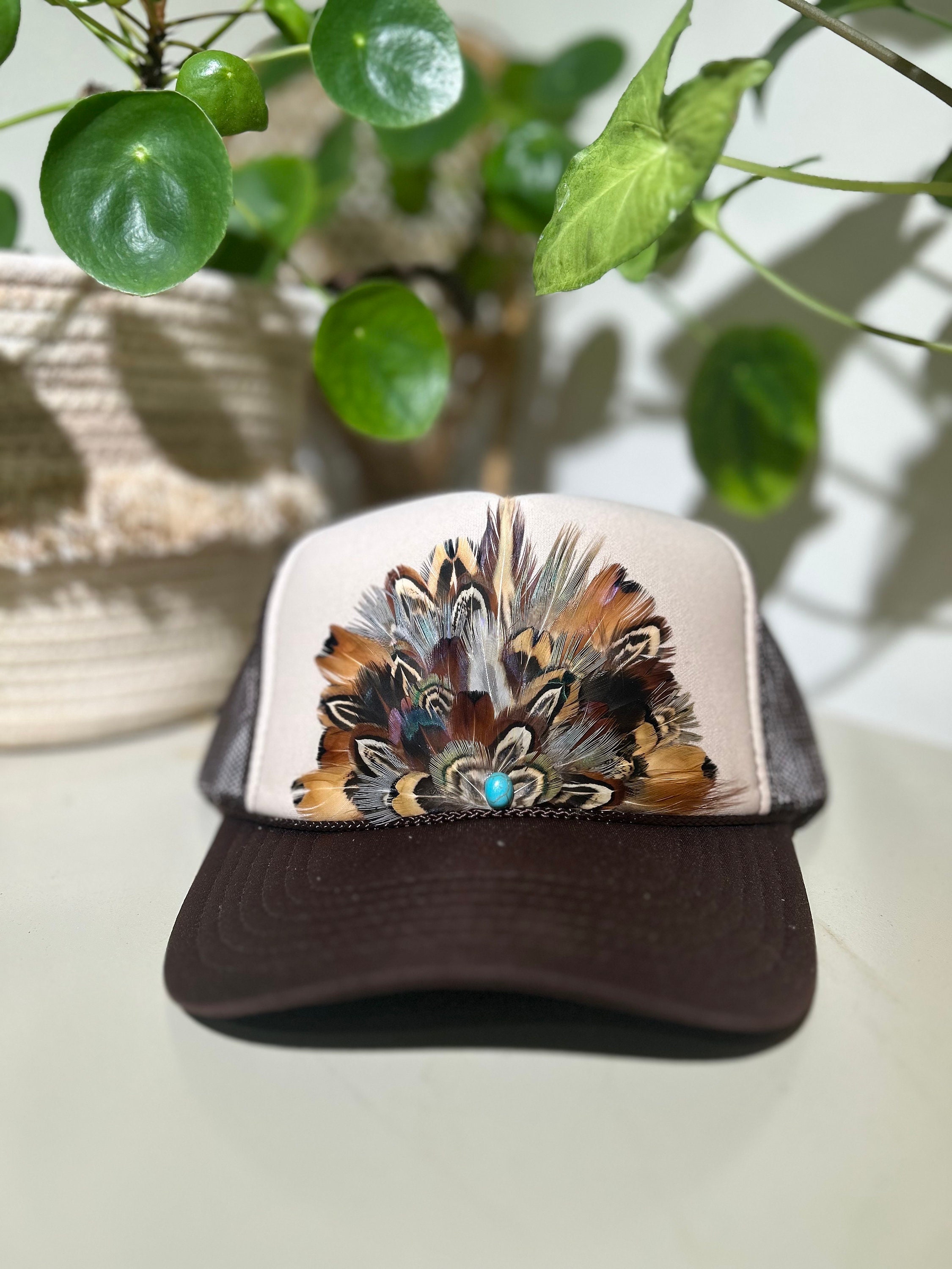Brown/cream Feathered Trucker, Feather Trucker Hat, Cowgirl Hat ...
