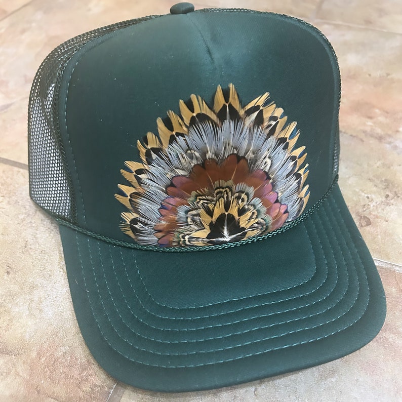 Forest Green Feathered Trucker, Feather Trucker Hat, Cowgirl Hat, Feather Hat, Country Concert ...