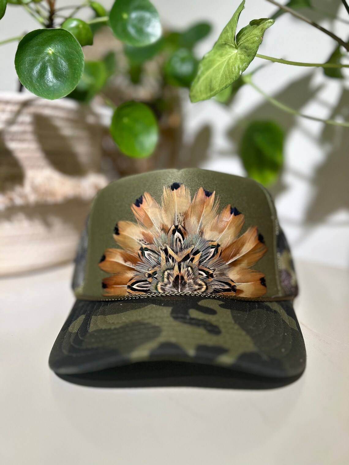 Dark Camo Green Feathered Trucker, Feather Trucker Hat, Cowgirl Hat ...