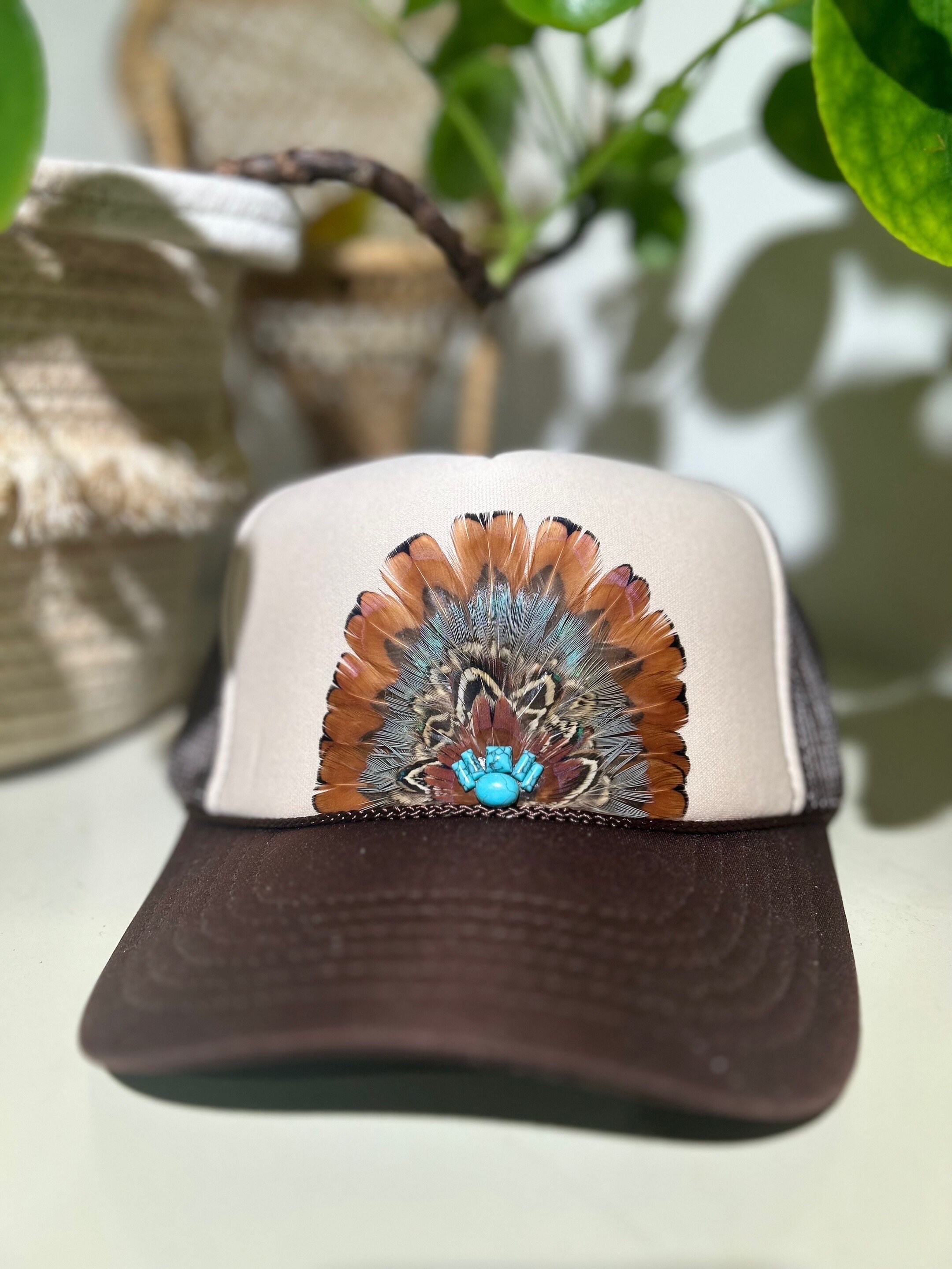 Brown/cream Feathered Trucker, Feather Trucker Hat, Cowgirl Hat ...
