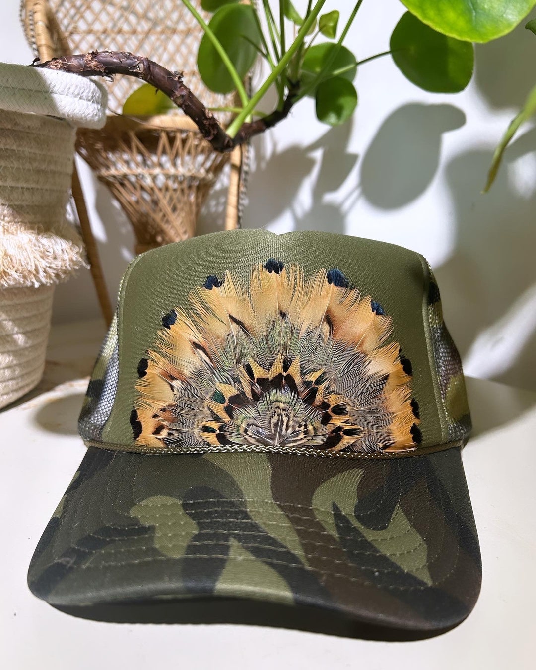 Dark Camo Green Feathered Trucker, Feather Trucker Hat, Cowgirl Hat ...