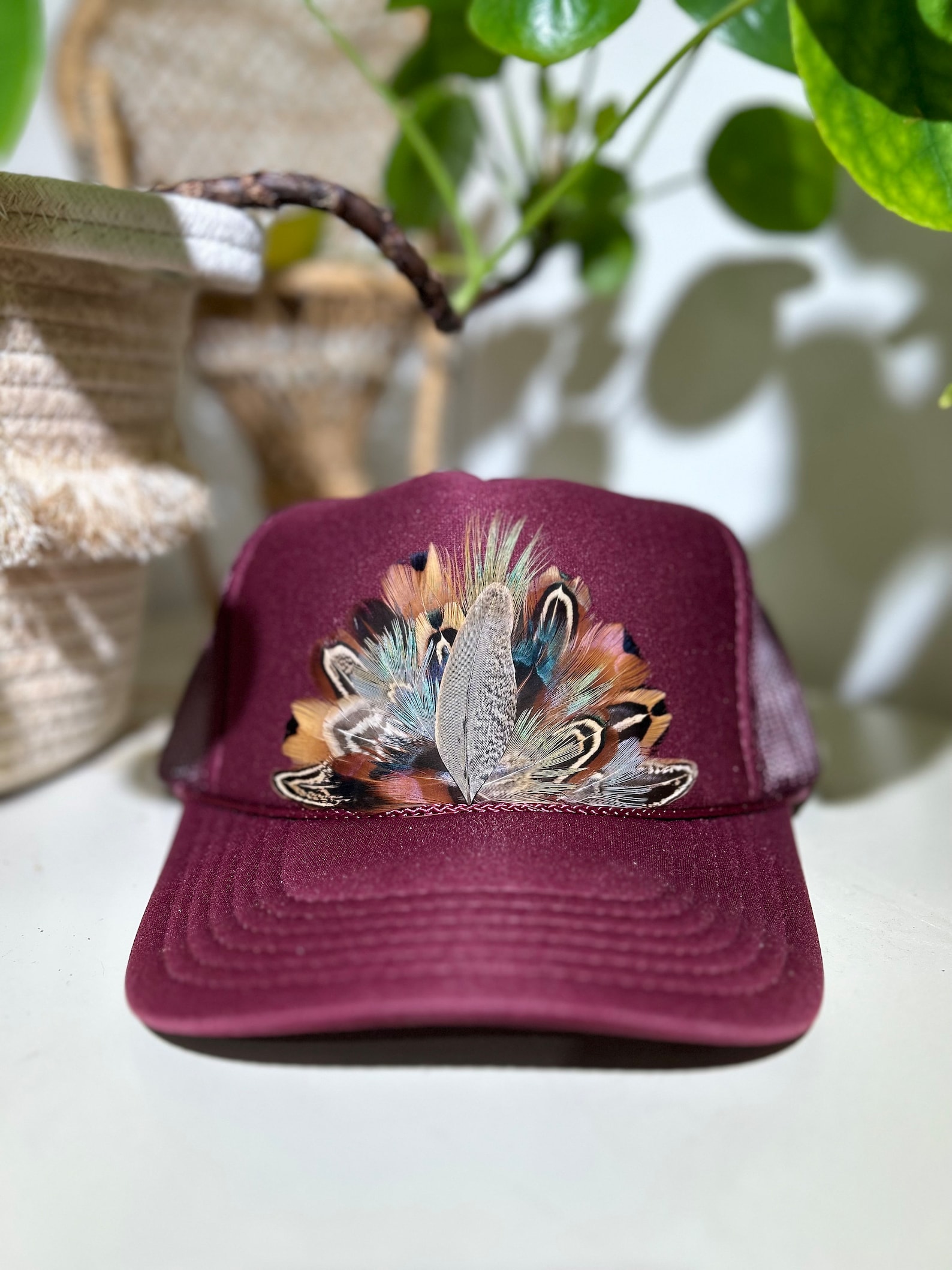 Maroon Feathered Trucker, Feather Trucker Hat, Cowgirl Hat, Feather Hat ...