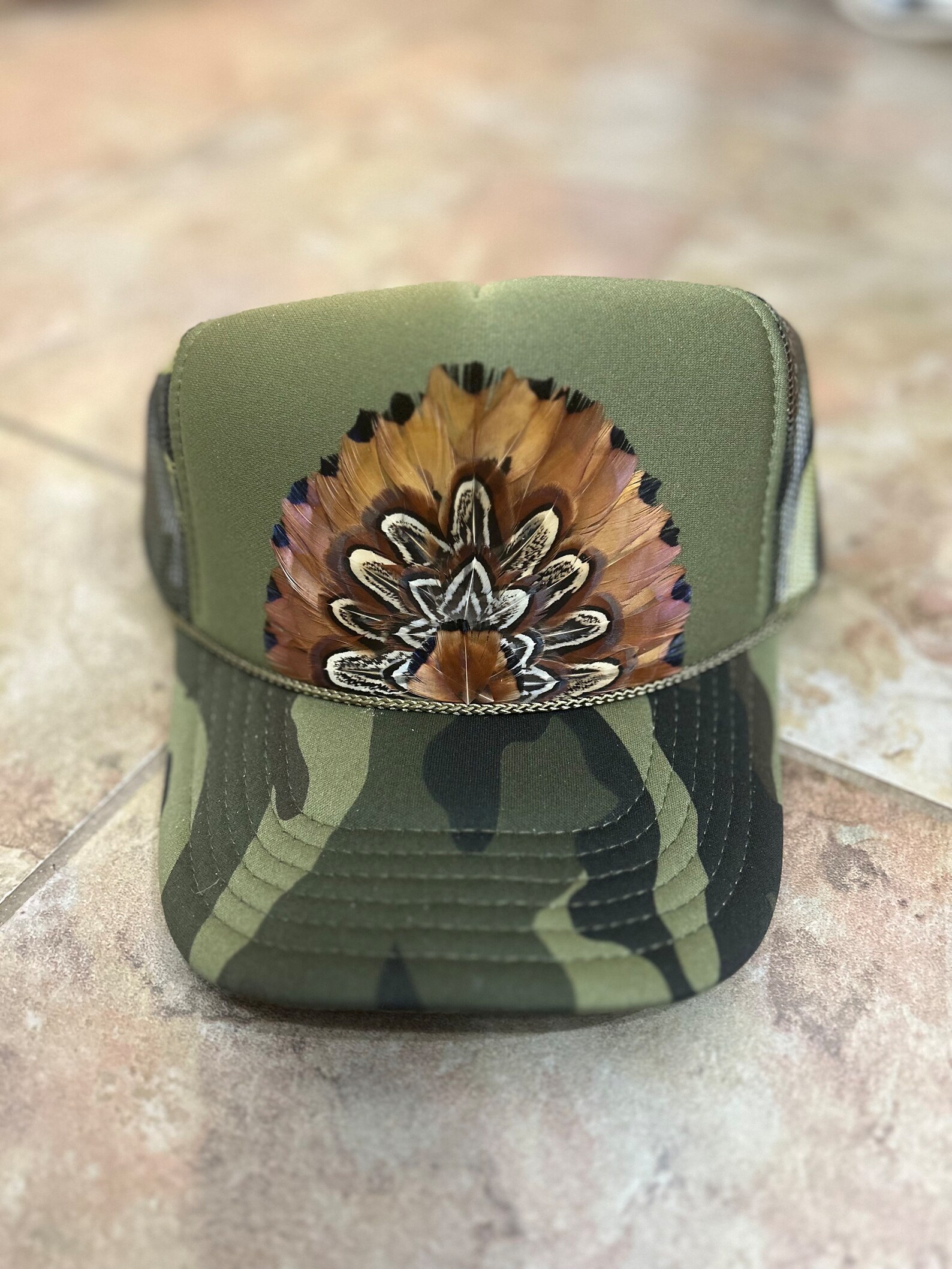 Dark Camo Green Feathered Trucker, Feather Trucker Hat, Cowgirl Hat ...