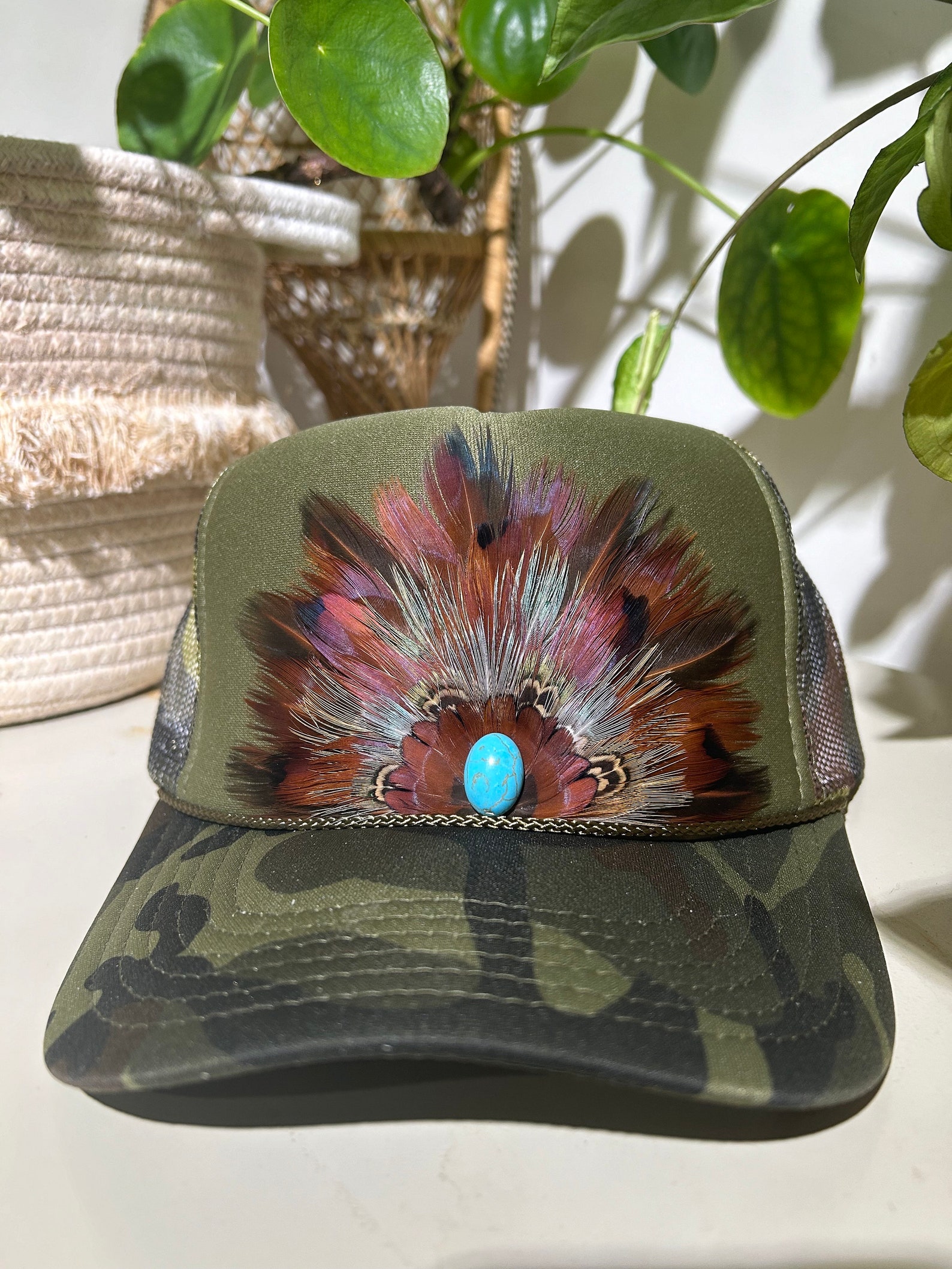 Dark Camo Green Feathered Trucker, Feather Trucker Hat, Cowgirl Hat ...