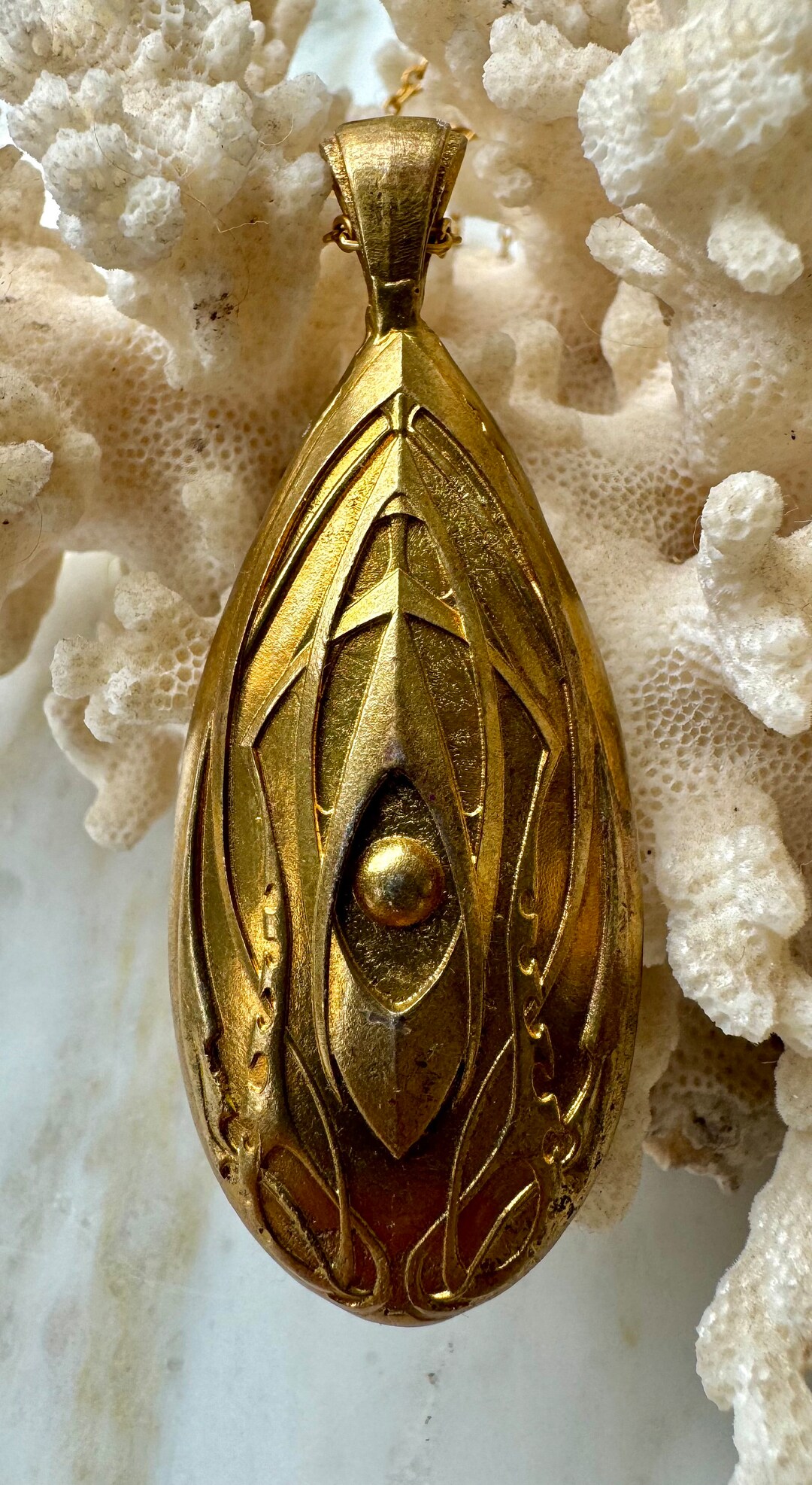Handcast Brass Tear Drop Orgonite Pendant Necklace|goldplated Shield ...