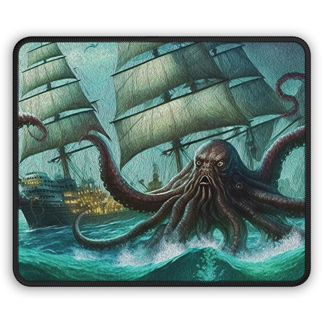 Terrifying Kraken Attacking Pirate Ships Gamer Mouse Pad, Sea Monster ...