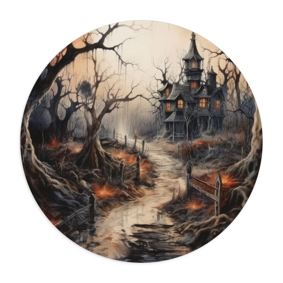 Haunted House With Spooky Lights Along Path Round Mouse Pad - Etsy