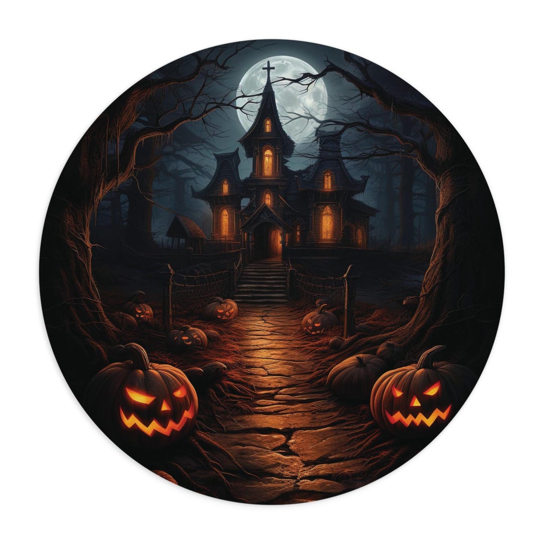 Haunted House in Scary Woods With Haunted Jack-o-lanterns Round Mouse ...