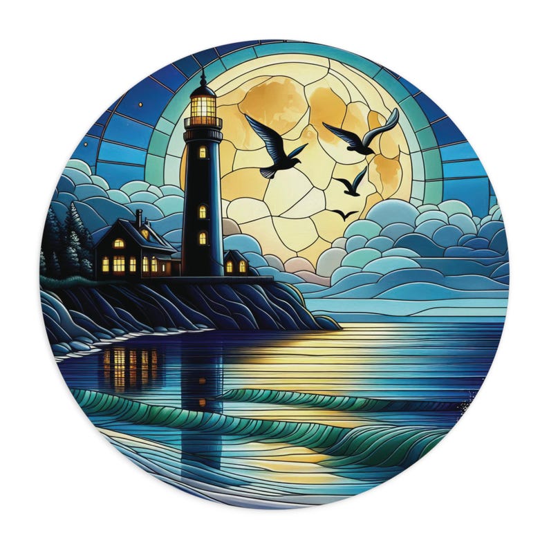 Stained Glass Lighthouse (V1) Round Mouse Pad, Coastal Lighthouse ...