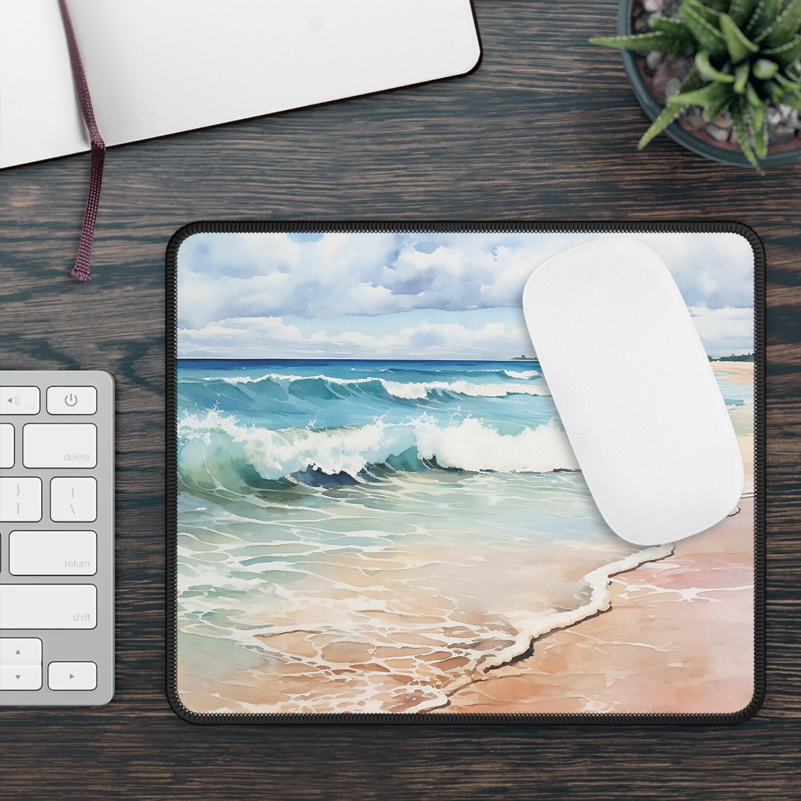 Beach Watercolor Basic Mouse Pad (V5), Sea Surf Beach Scene Mouse Pad ...