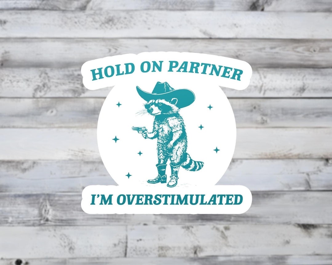 Hold on Partner I'm Overstimulated Vinyl Sticker - Funny Cowboy Raccoon ...
