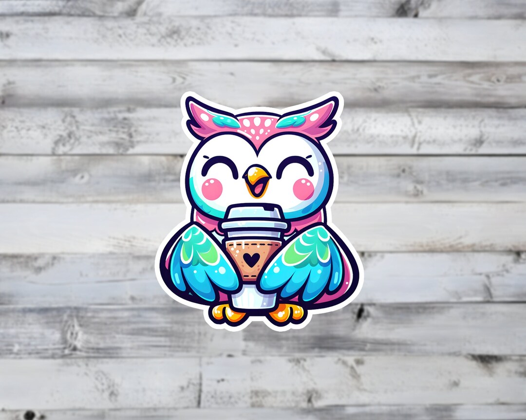 Kawaii Owl With Coffee Vinyl Sticker - Cute Caffeinated Owl Bird Vinyl ...
