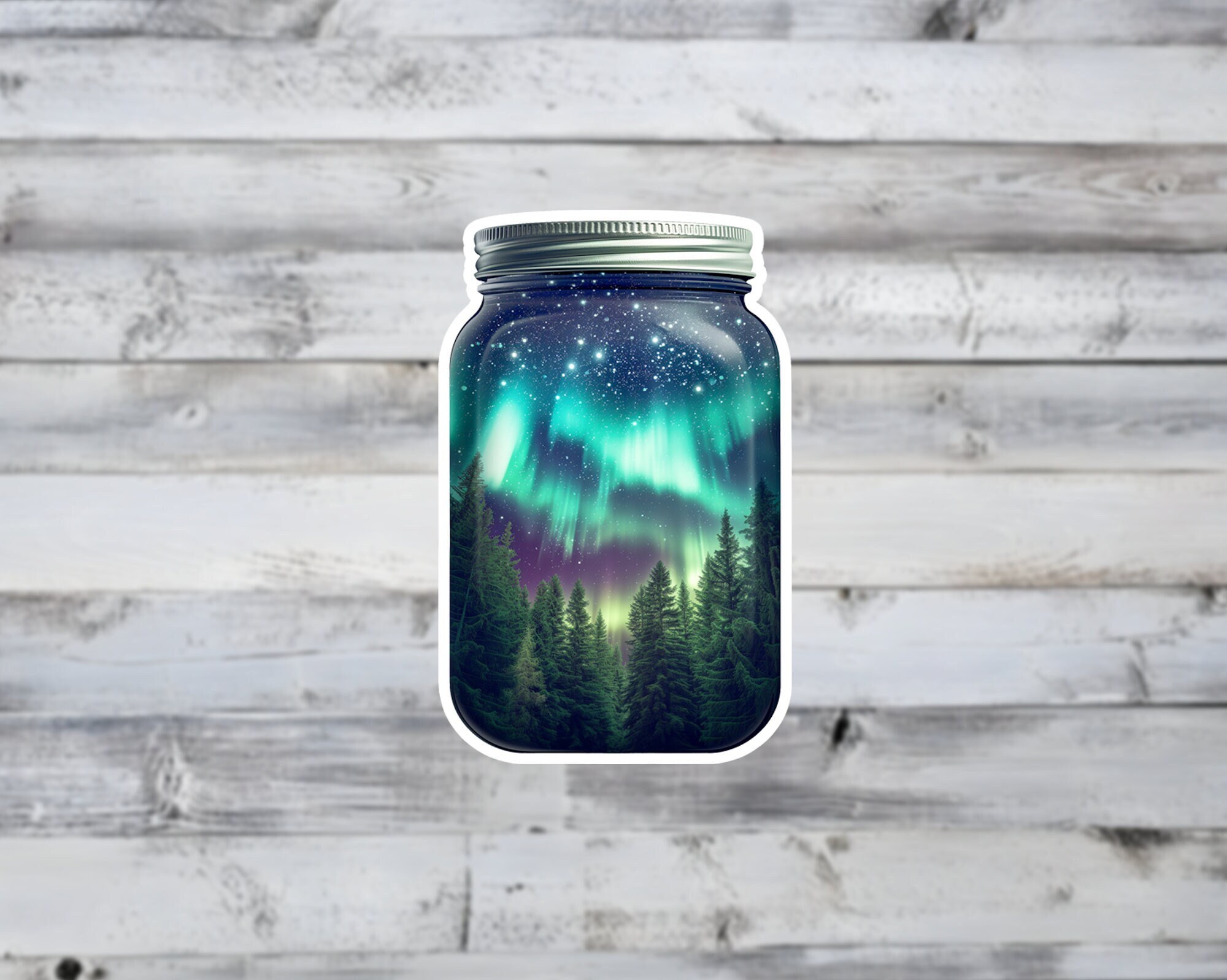 Northern Lights in a Jar Vinyl Sticker Night Forest Scene Sticker ...