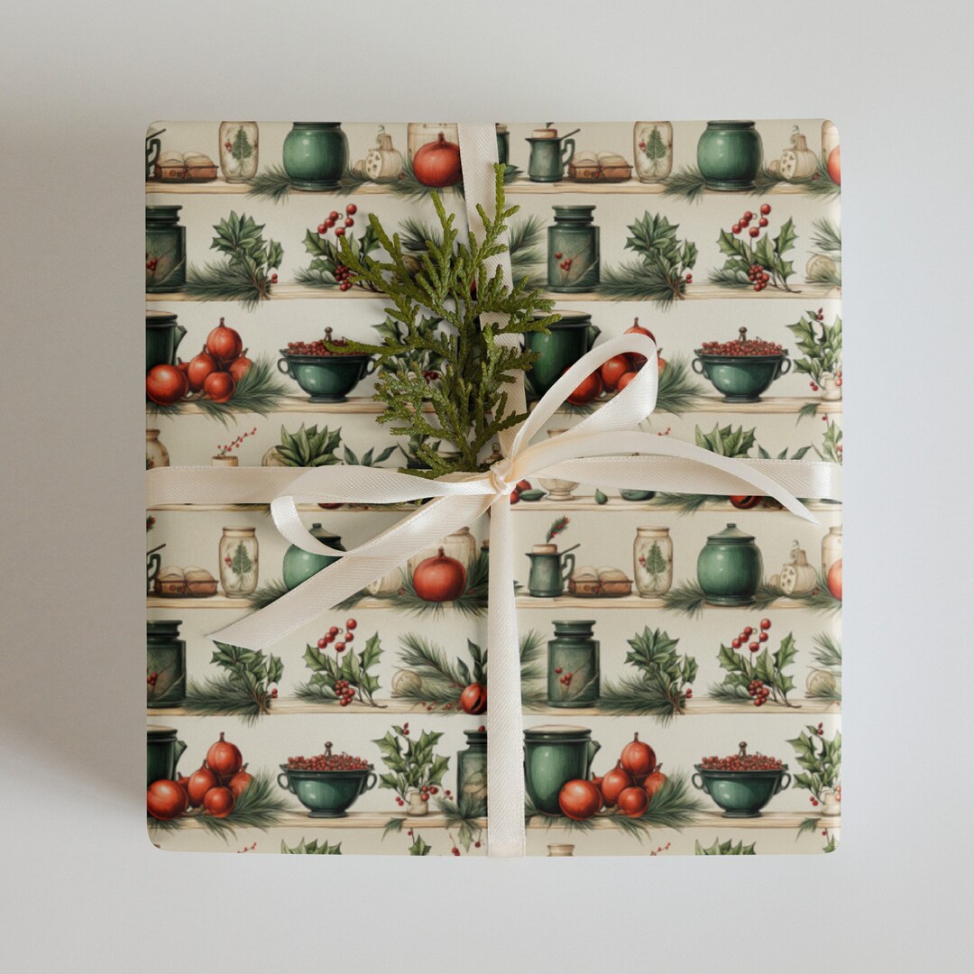 Christmas Kitchen Wrapping Paper Green Pottery Red - Etsy
