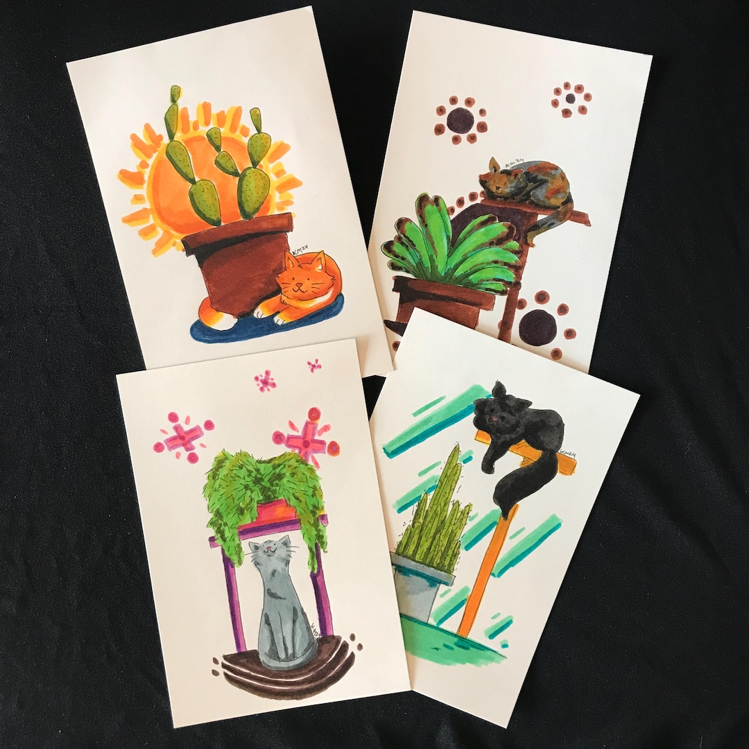 Cactus Cats 4 Variations Small Marker Illustration Cute Art Wholesome ...