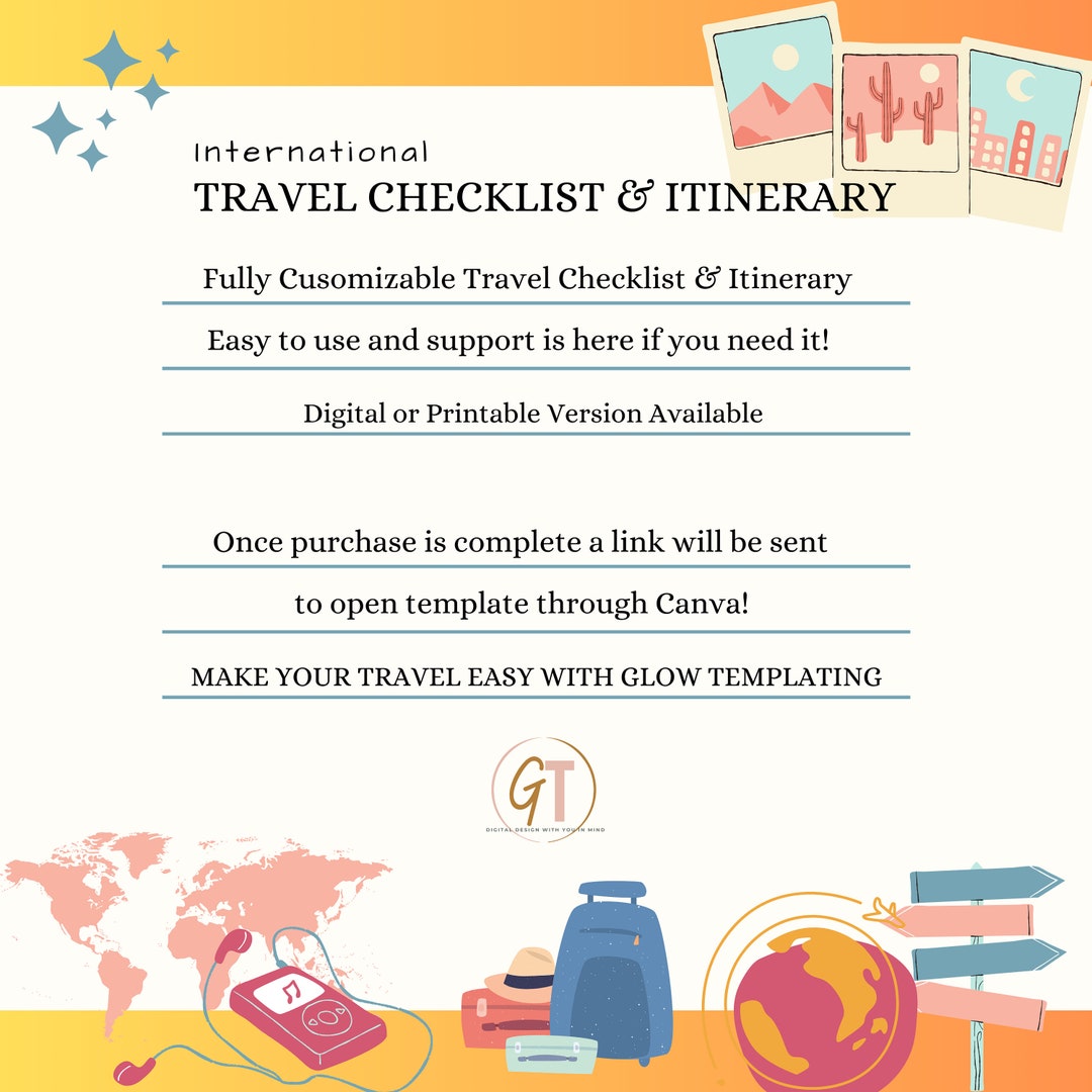 Customizable Travel Checklist & Itinerary, Digital and Printable PDF ...