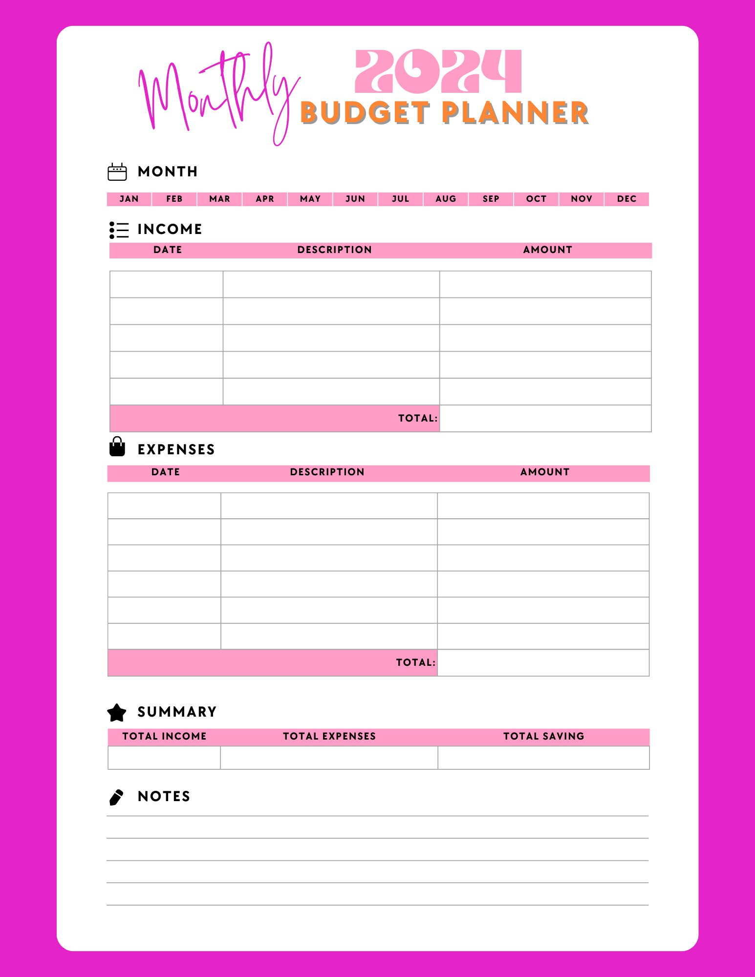 2024 Monthly Budget Planner - Etsy